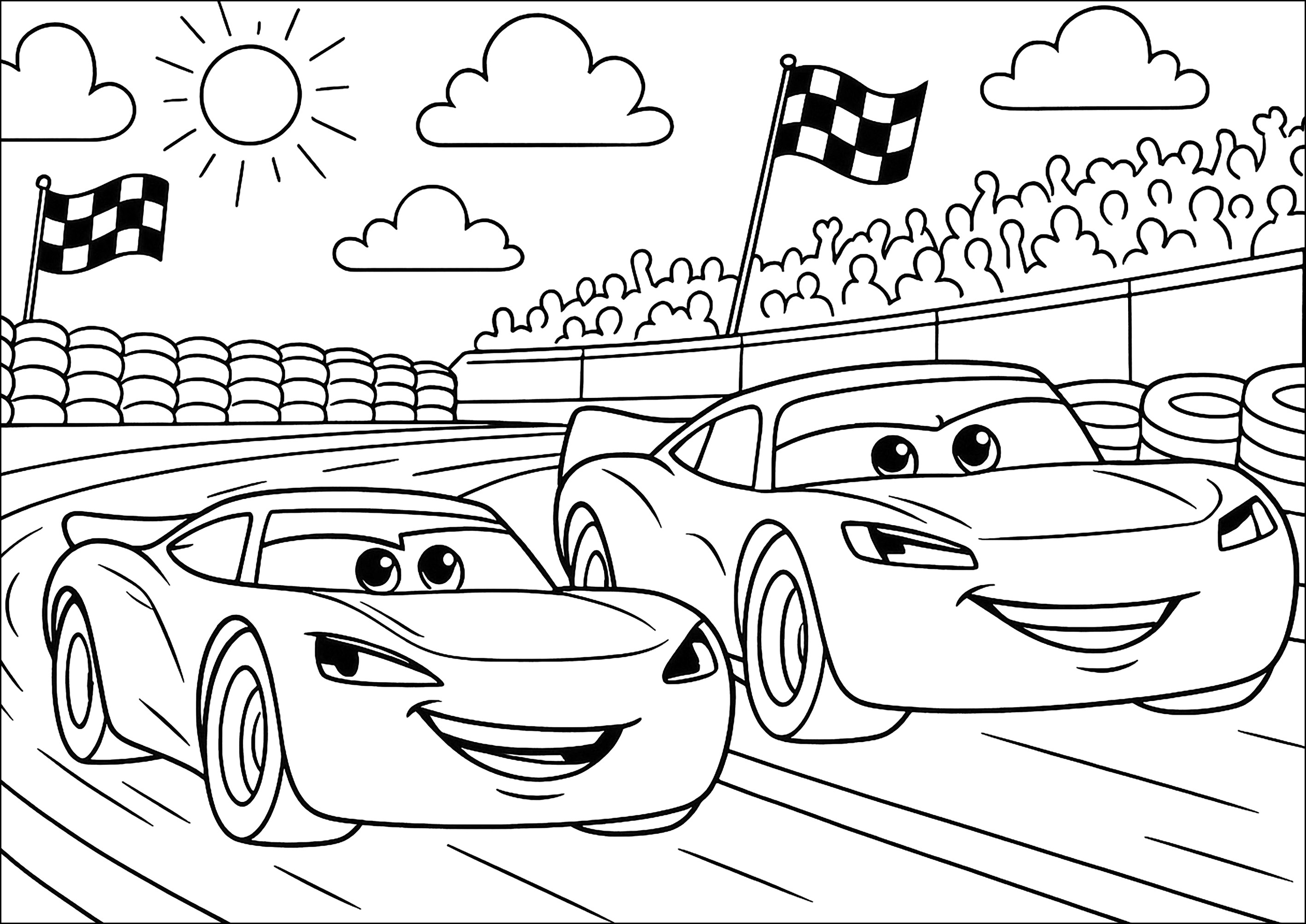 Due auto si sfidano per vedere quale è la più veloce - Pagine Cars da Colorare