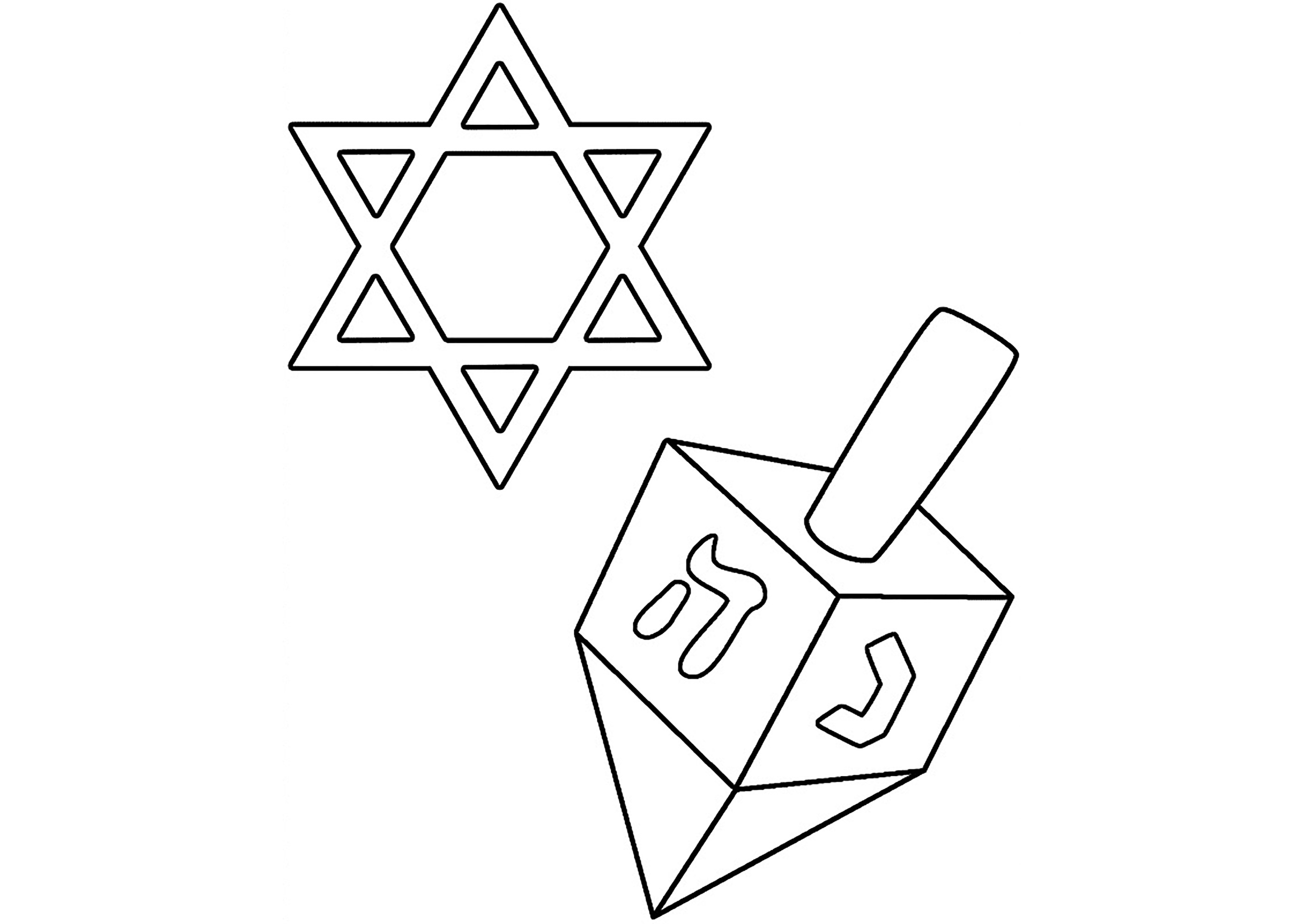 Trottola di Hanukkah e stella di David. - Pagine Ebraismo da Colorare