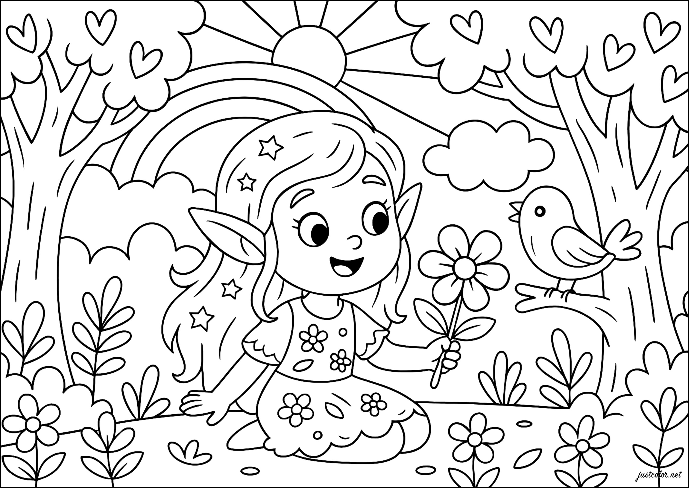 La giovane e la foresta incantata - Pagine Elfo da Colorare