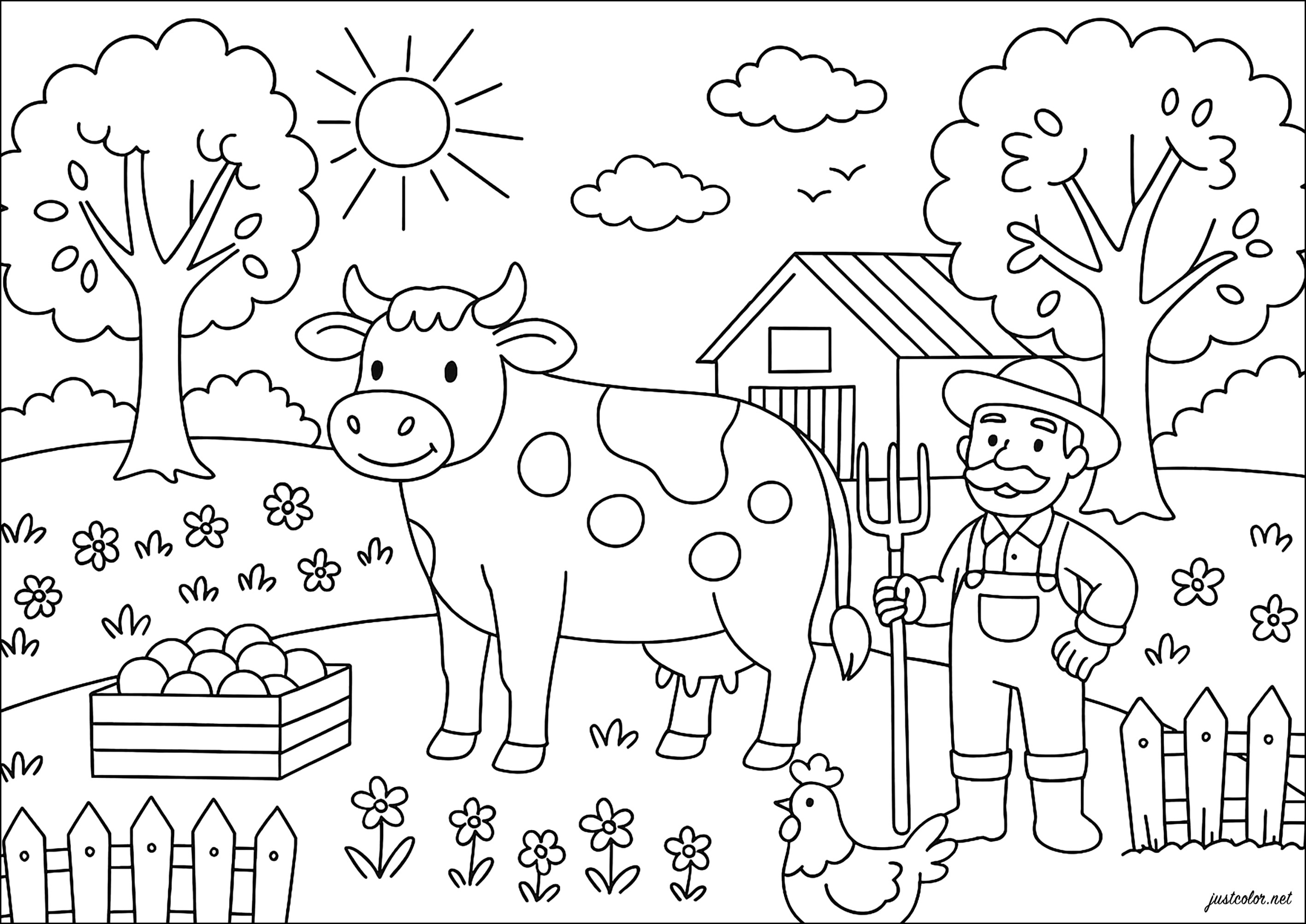 Il contadino e la sua mucca - Pagine Fattoria da Colorare