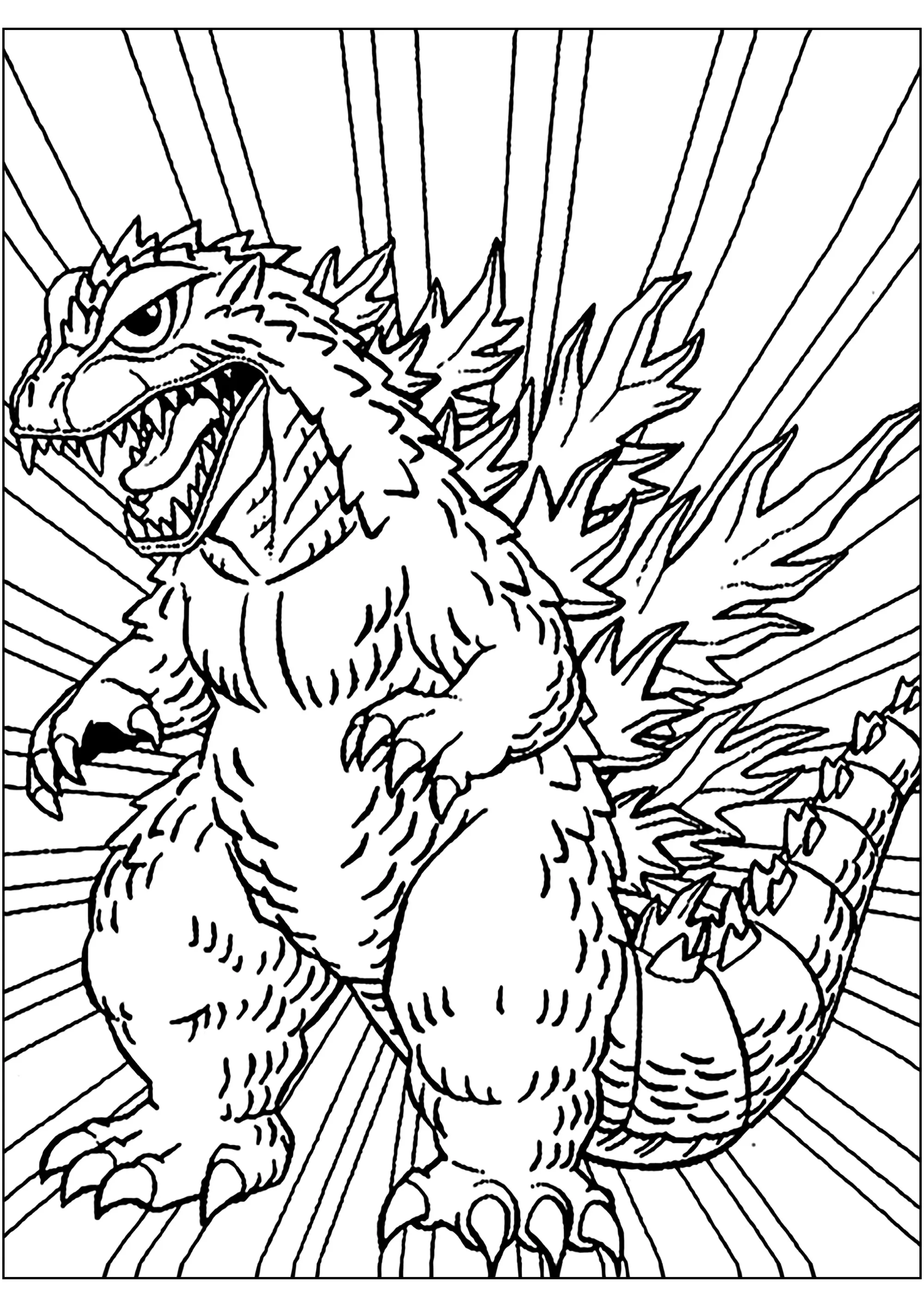 Godzilla con dei fulmini sullo sfondo. - Pagine Godzilla da Colorare