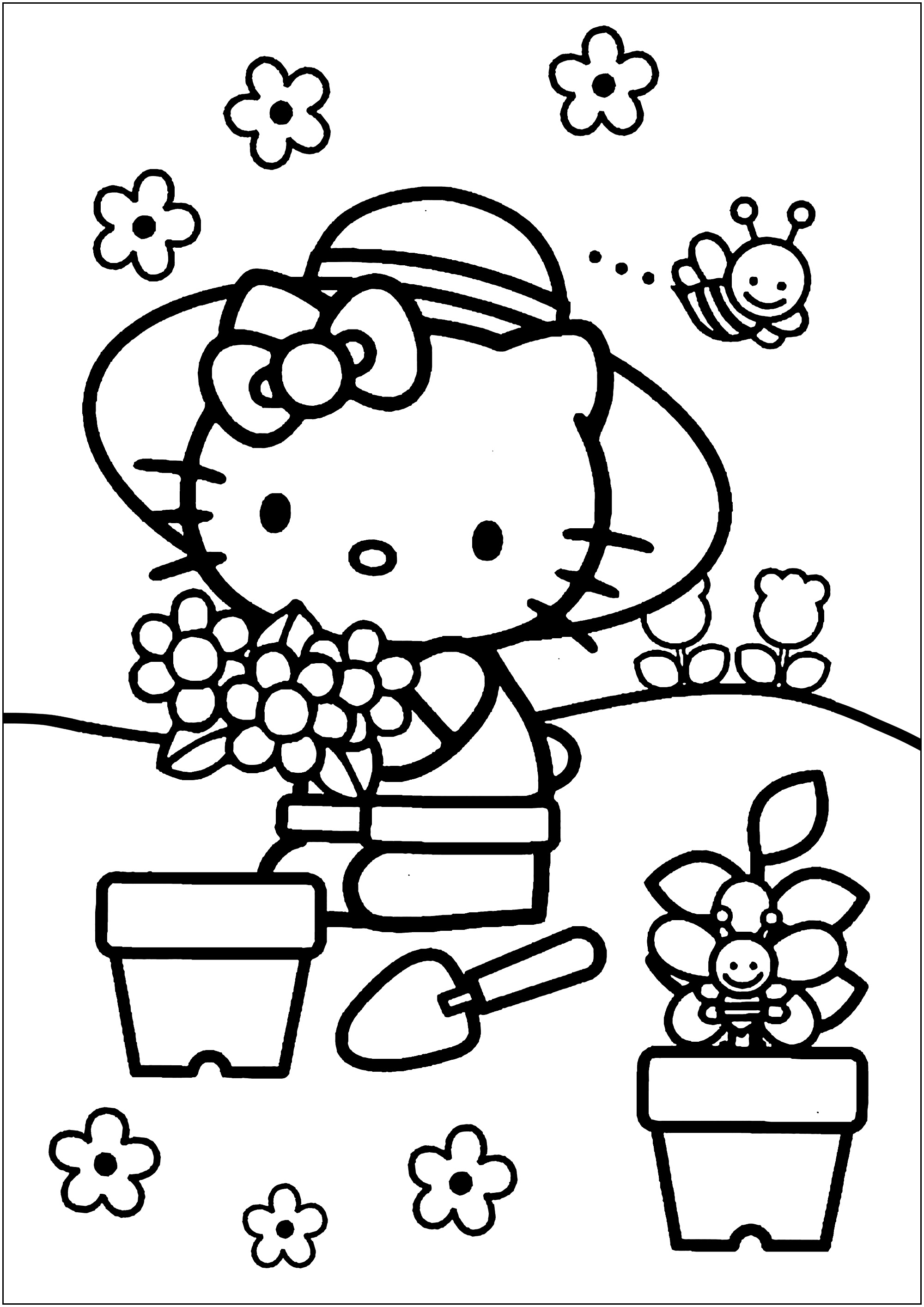 Hello Kitty fa giardinaggio. - Pagine Hello Kitty da Colorare