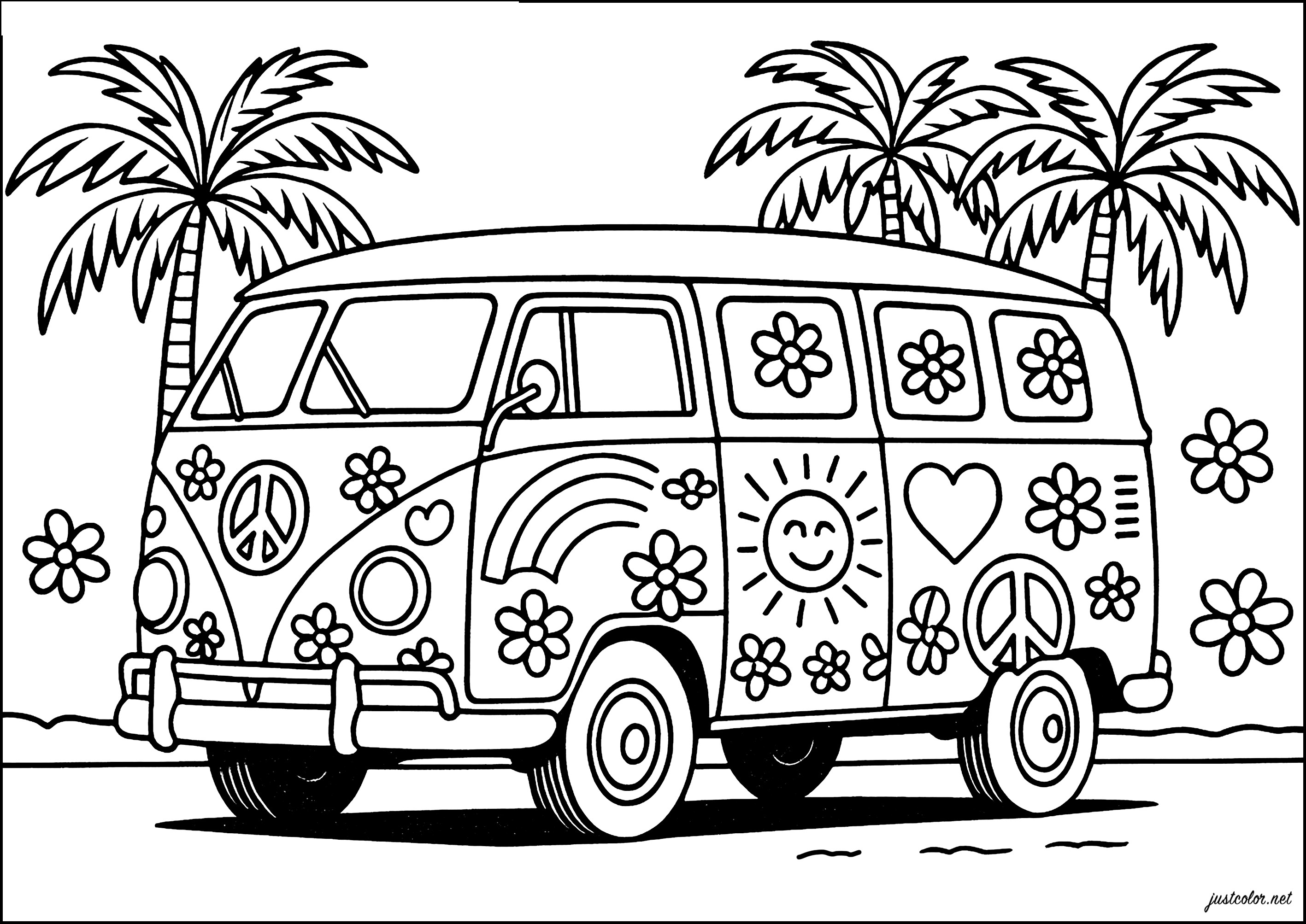 Il furgone Pace e amore - Pagine Hippie da Colorare