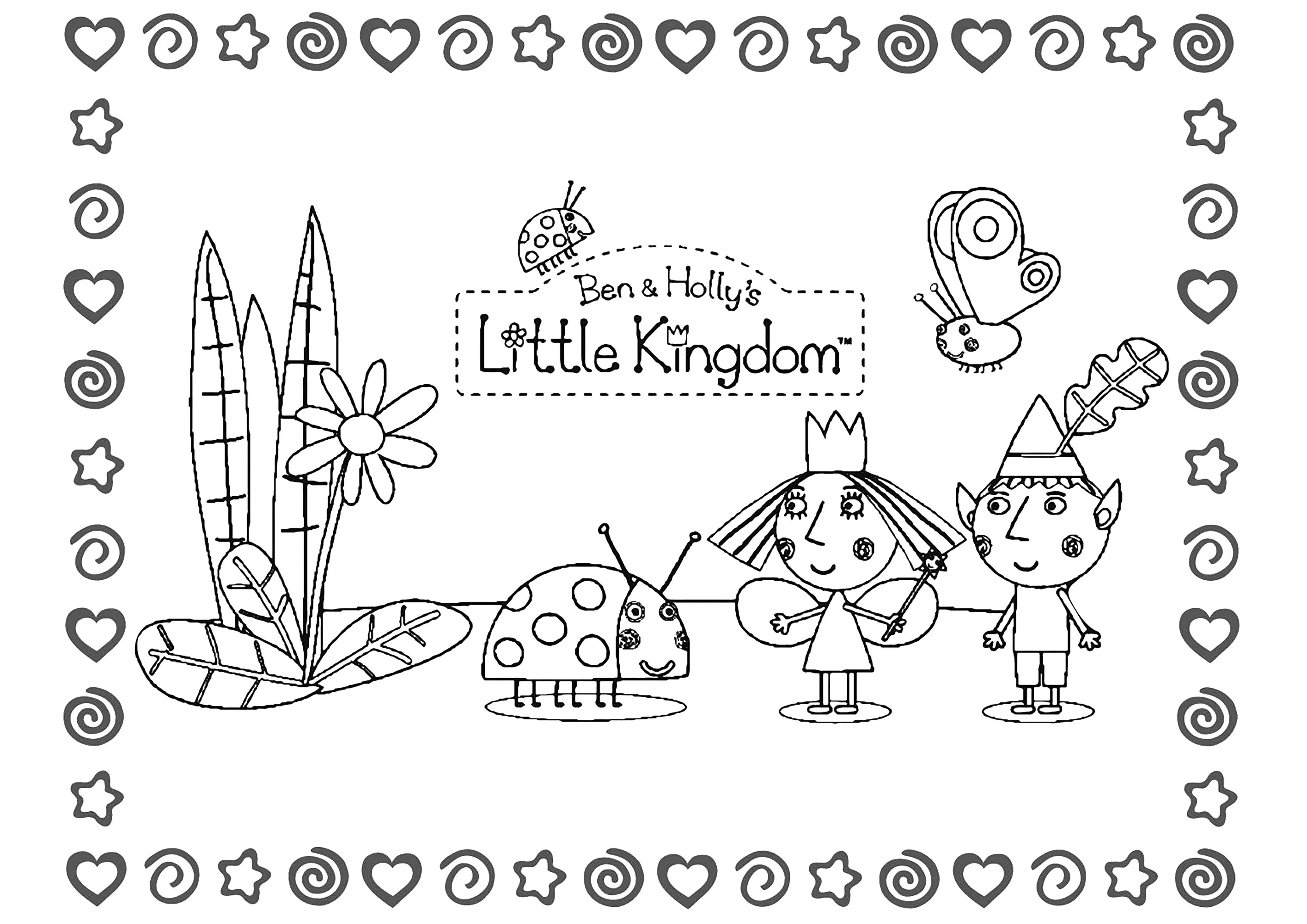 Personaggi e insetti con una bella cornice. - Pagine Il Piccolo Regno di Ben e Holly da Colorare