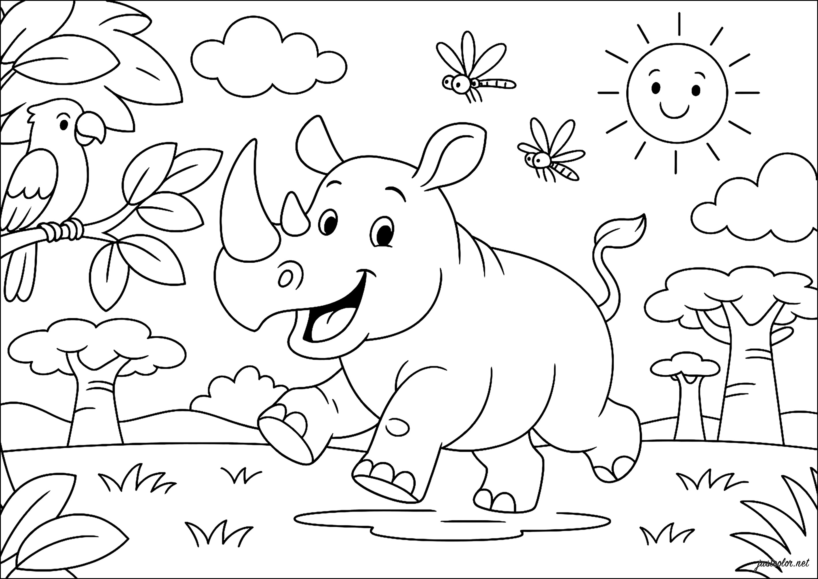 Rinoceronti gioiosi della savana - Pagine Rinoceronti da Colorare