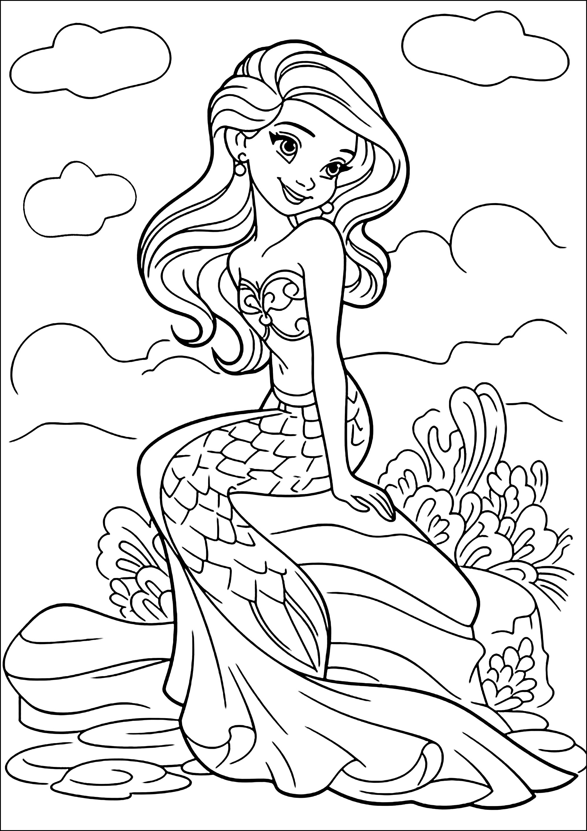 Bella sirena su uno scoglio - Pagine Sirenette da Colorare