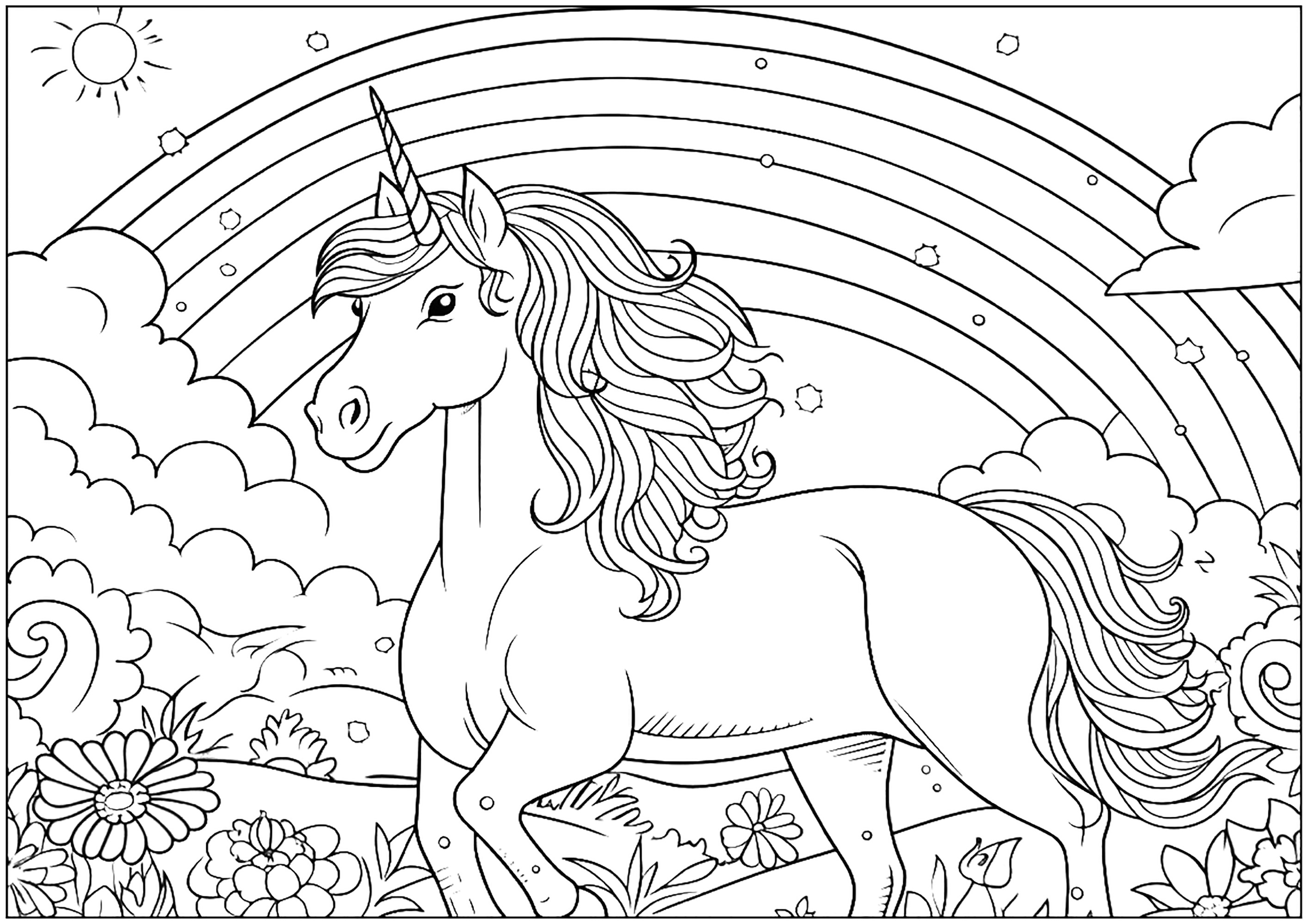 Unicorno con un bel arcobaleno - Pagine Unicorni da Colorare