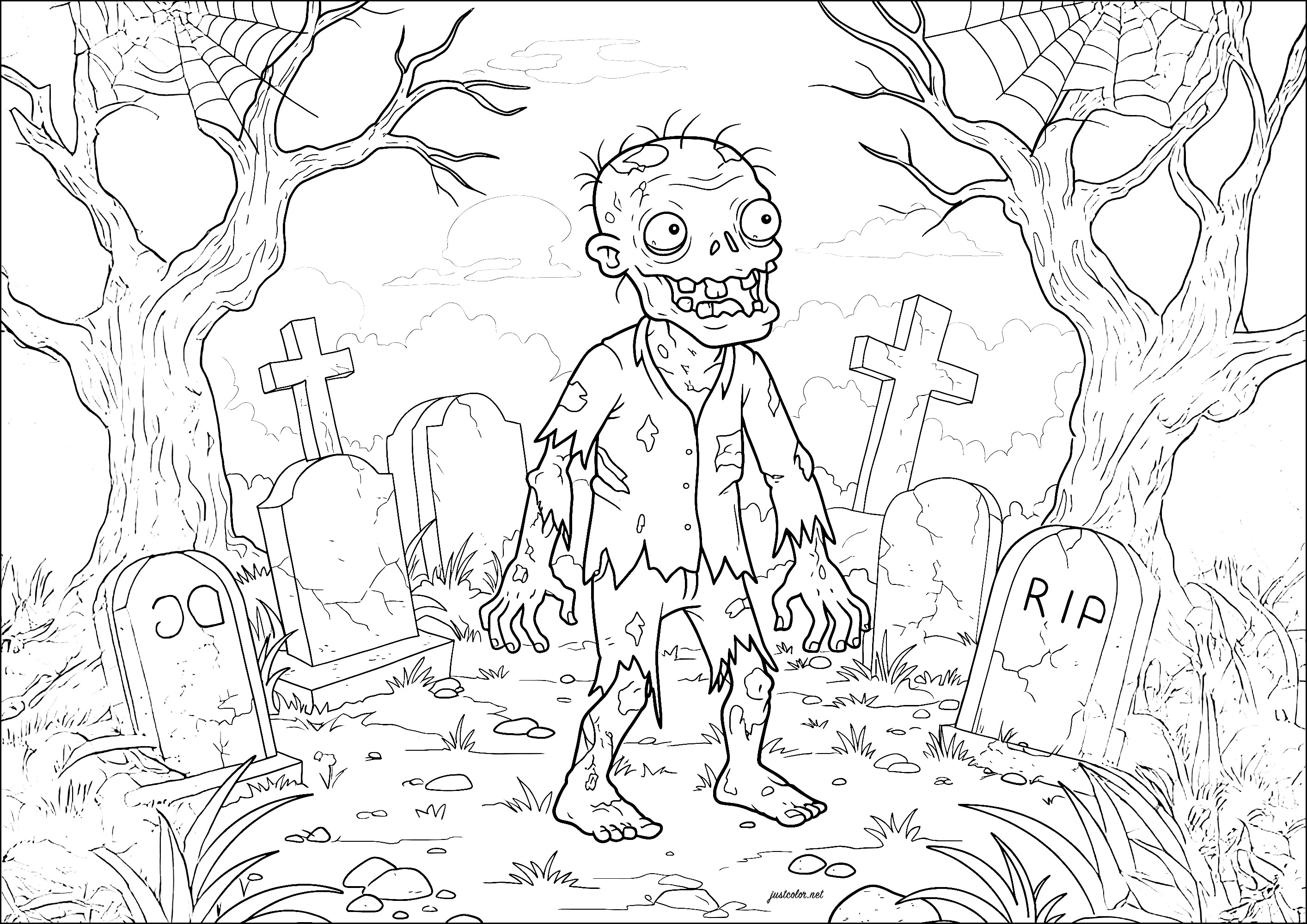 Zombie spaventoso in un cimitero - Pagine Zombie da Colorare