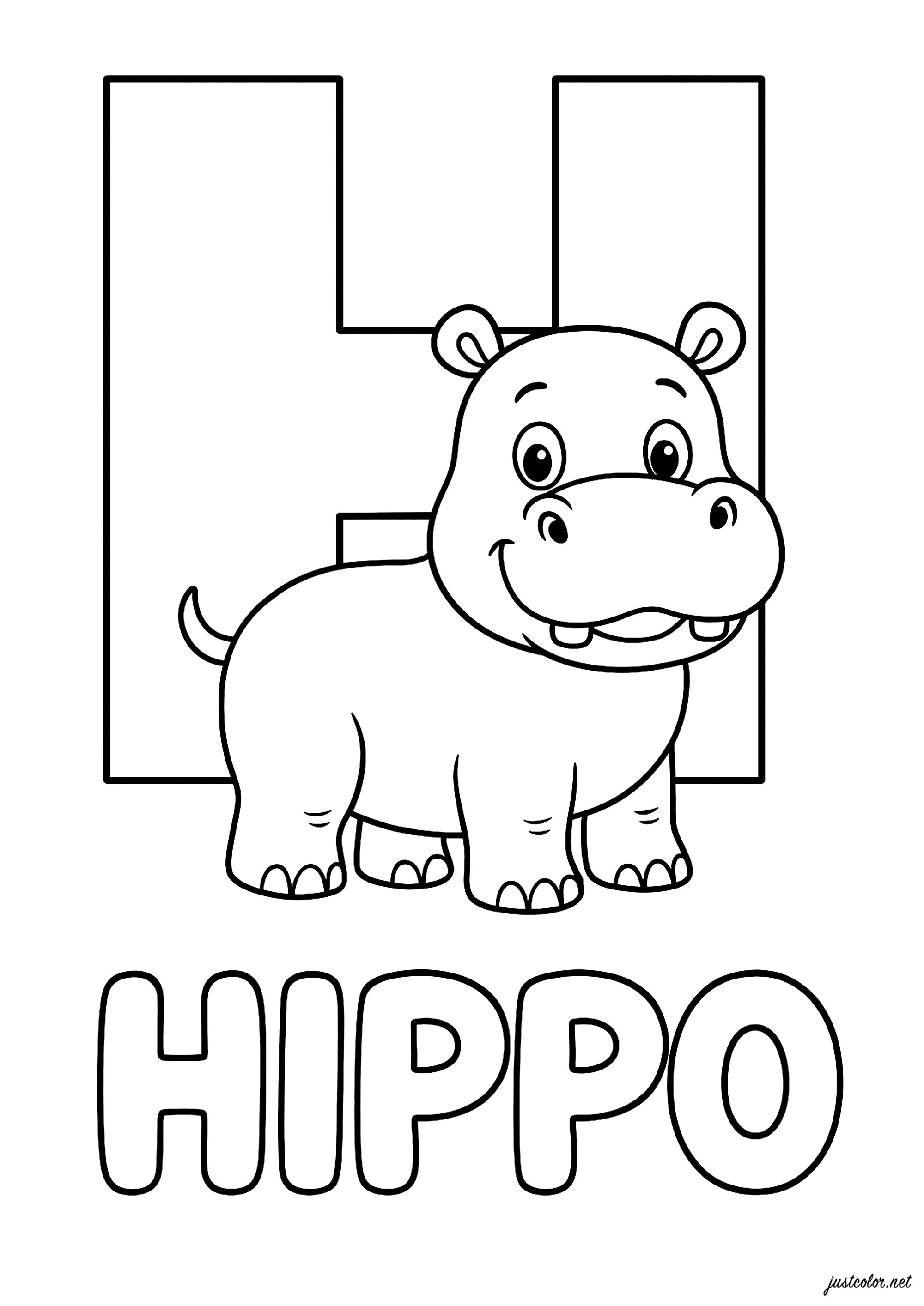 H de Hipopótamo - Páginas de Alfabeto para colorir para crianças