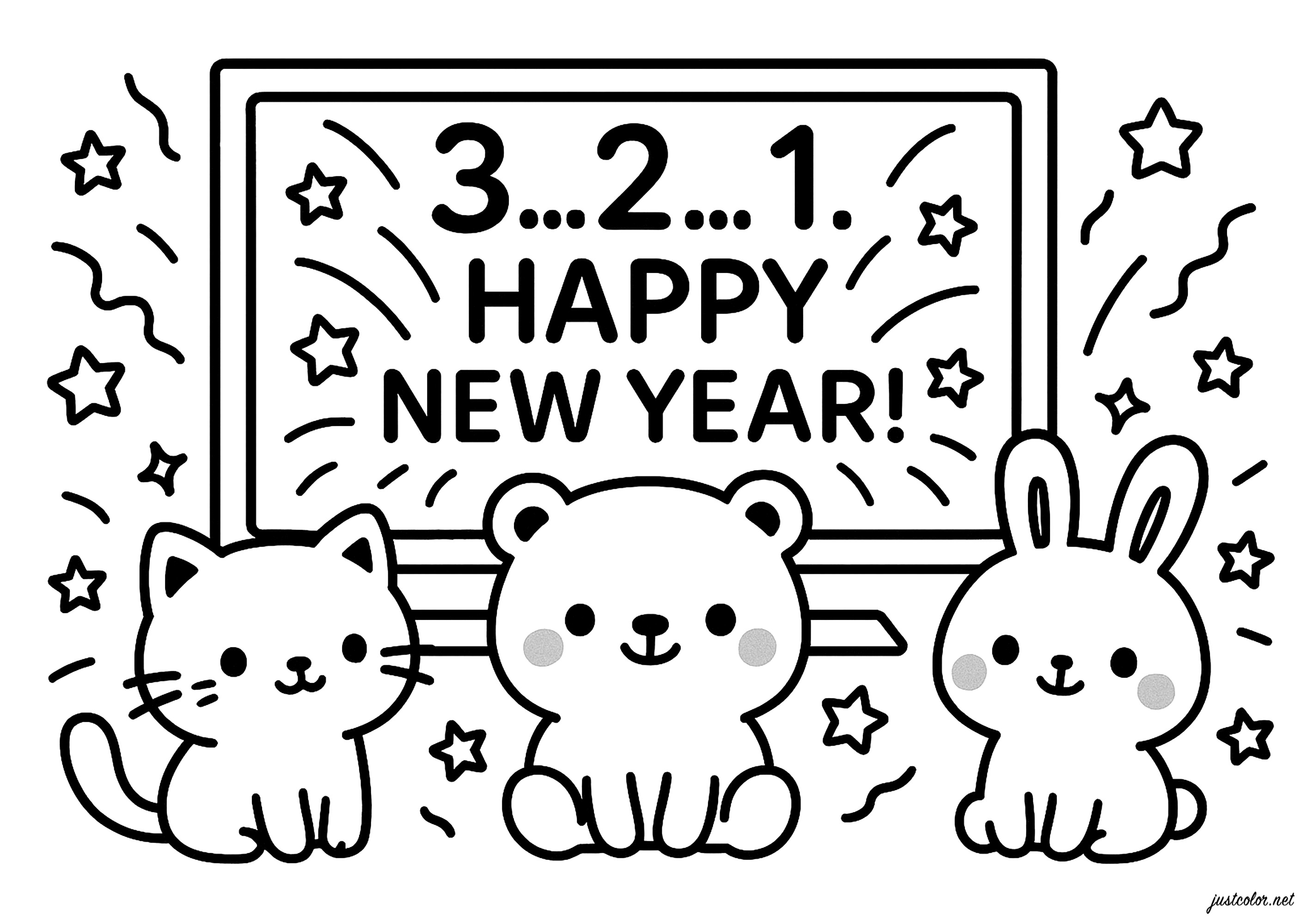 Gato, urso e coelho a festejar o Ano Novo - Páginas de Ano Novo Feliz ...