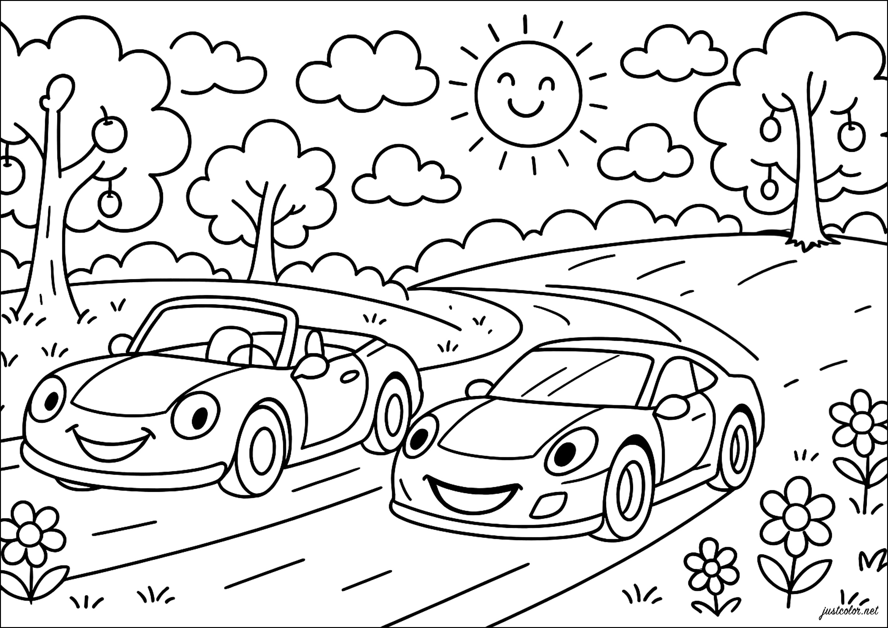Corridas de Carros sob o sol - Páginas de Carros para colorir para crianças