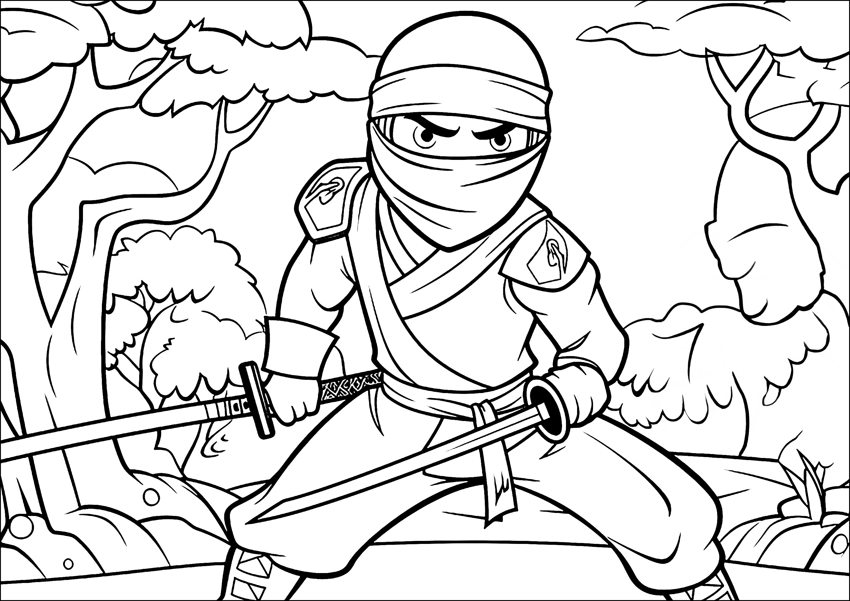 Bela página para colorir de um Ninja com espadas - Páginas de Ninja ...