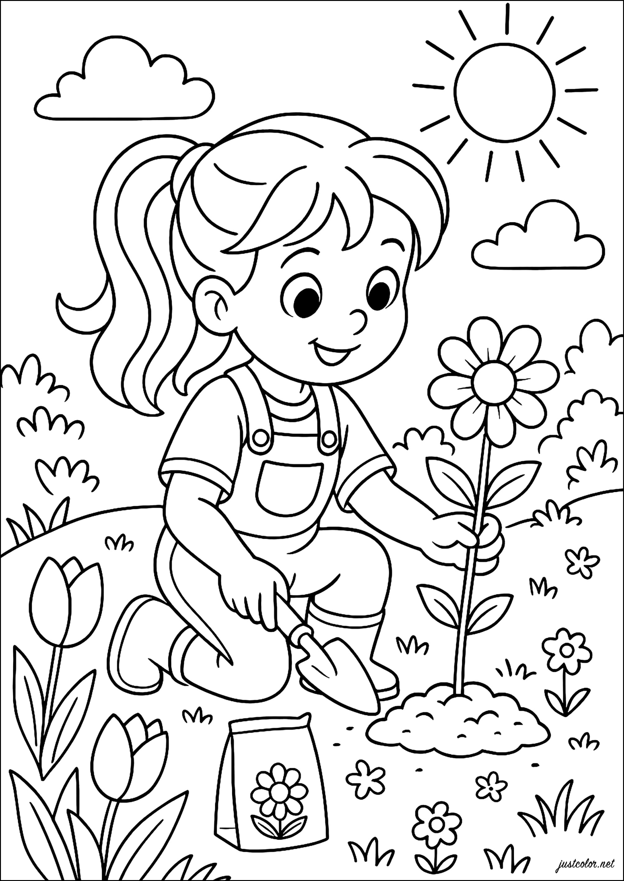 Jardinagem alegre sob o sol - Páginas de Spring para colorir para crianças