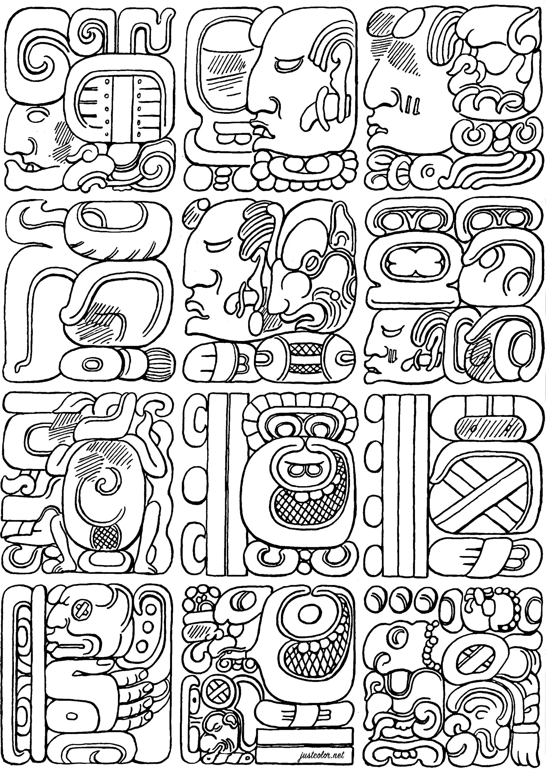 Maya-Glyphen - Ausmalbilder von Mayas, Azteken und Inkas zum Ausmalen