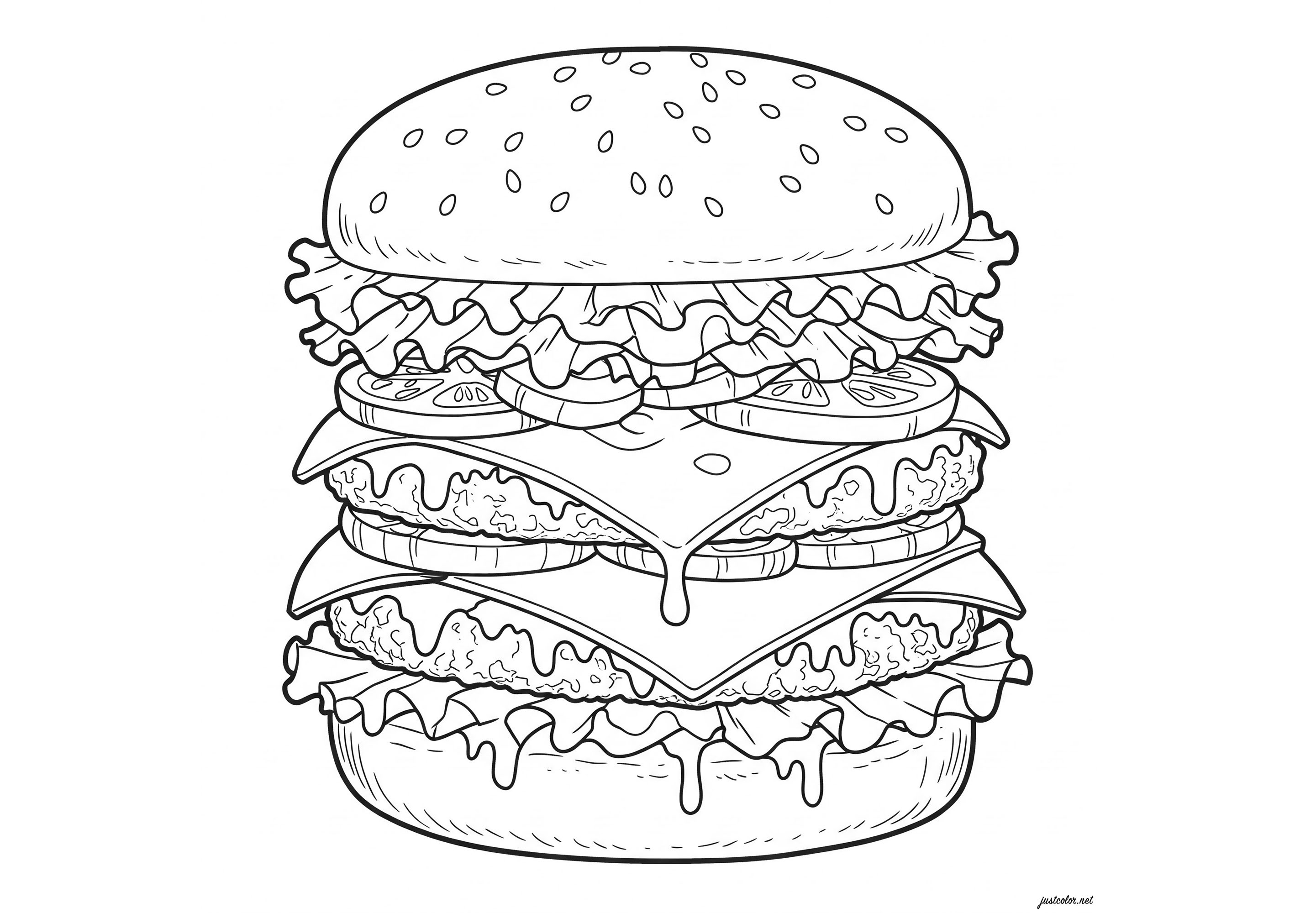 Enorme cheeseburger ! - Coloriages d'Aliments à imprimer