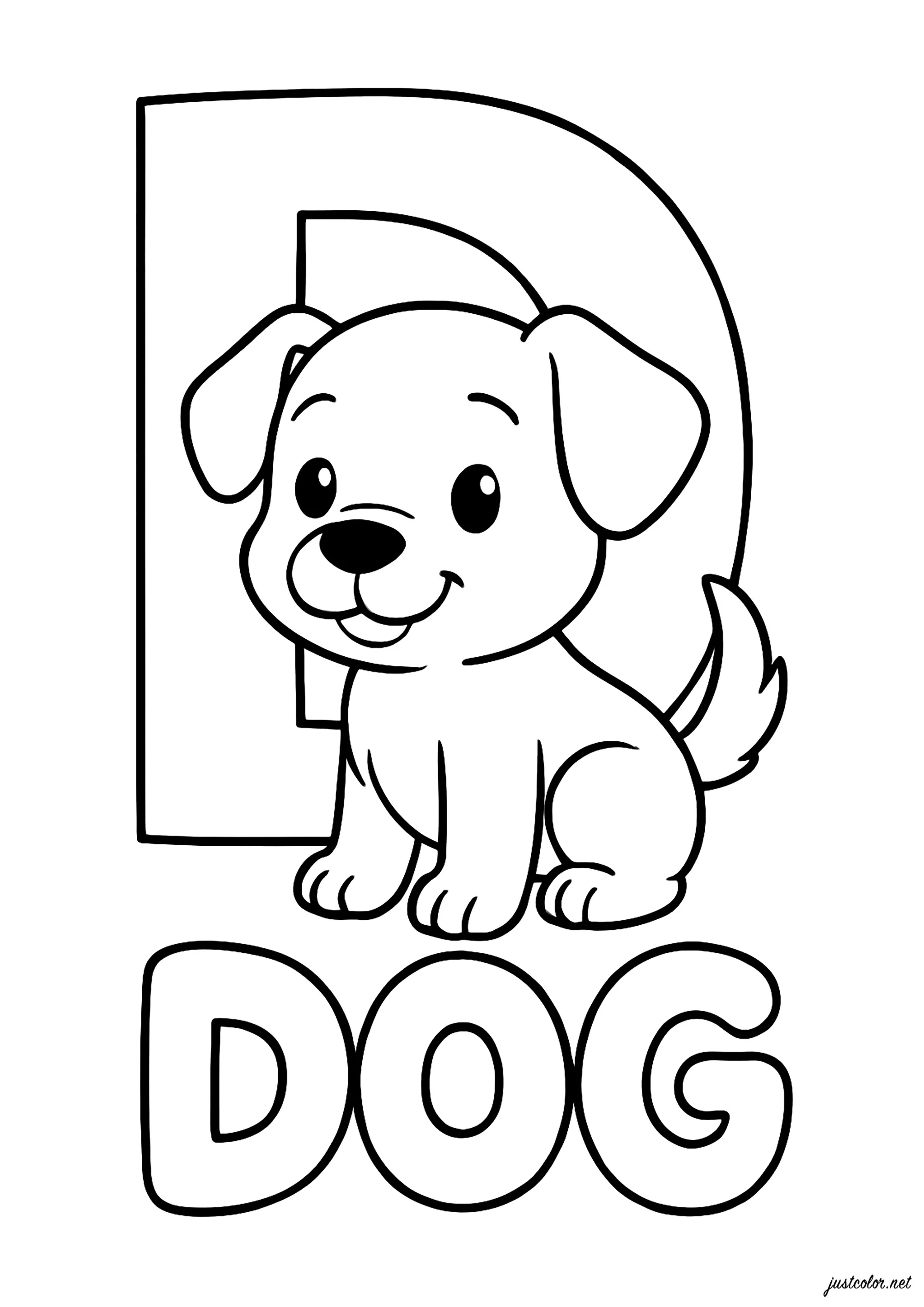 D comme Dog (Chien en anglais) - Coloriages d'Alphabet à imprimer