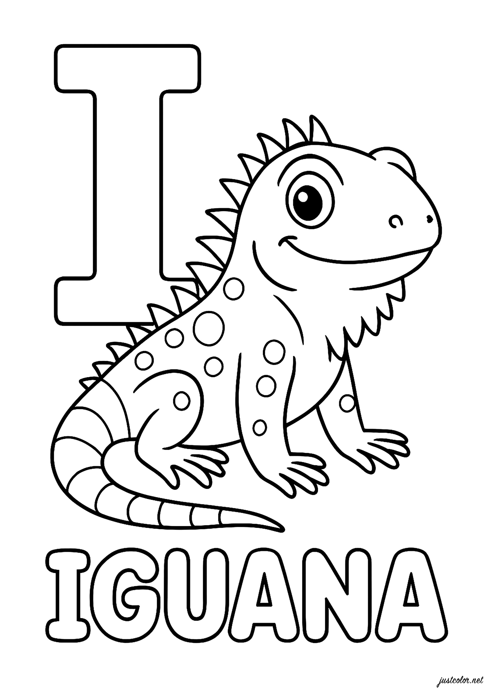 I comme Iguana (Iguane en anglais) - Coloriages d'Alphabet à imprimer