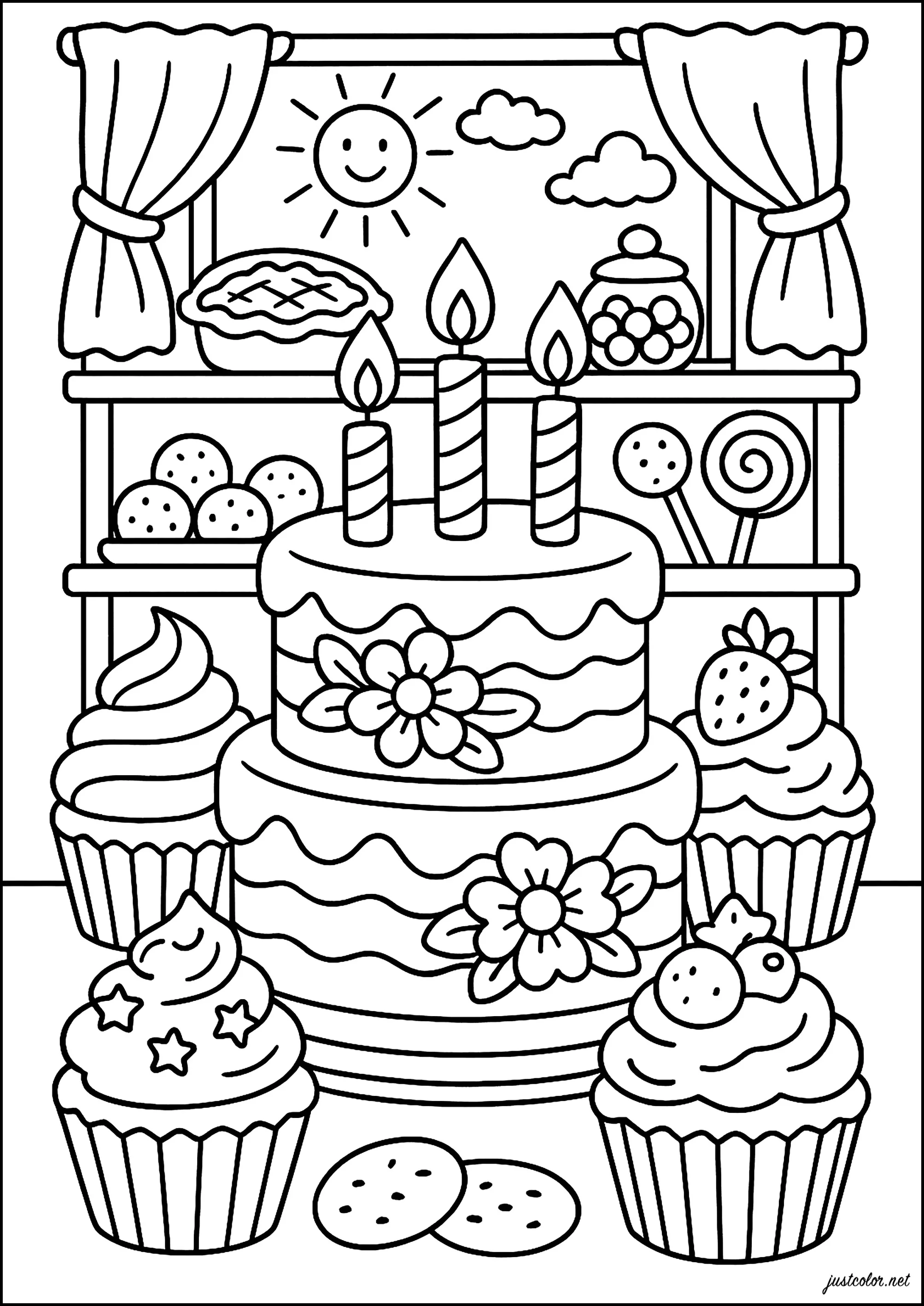 Gâteau festif entouré de douceurs - Coloriages d'Anniversaire à imprimer