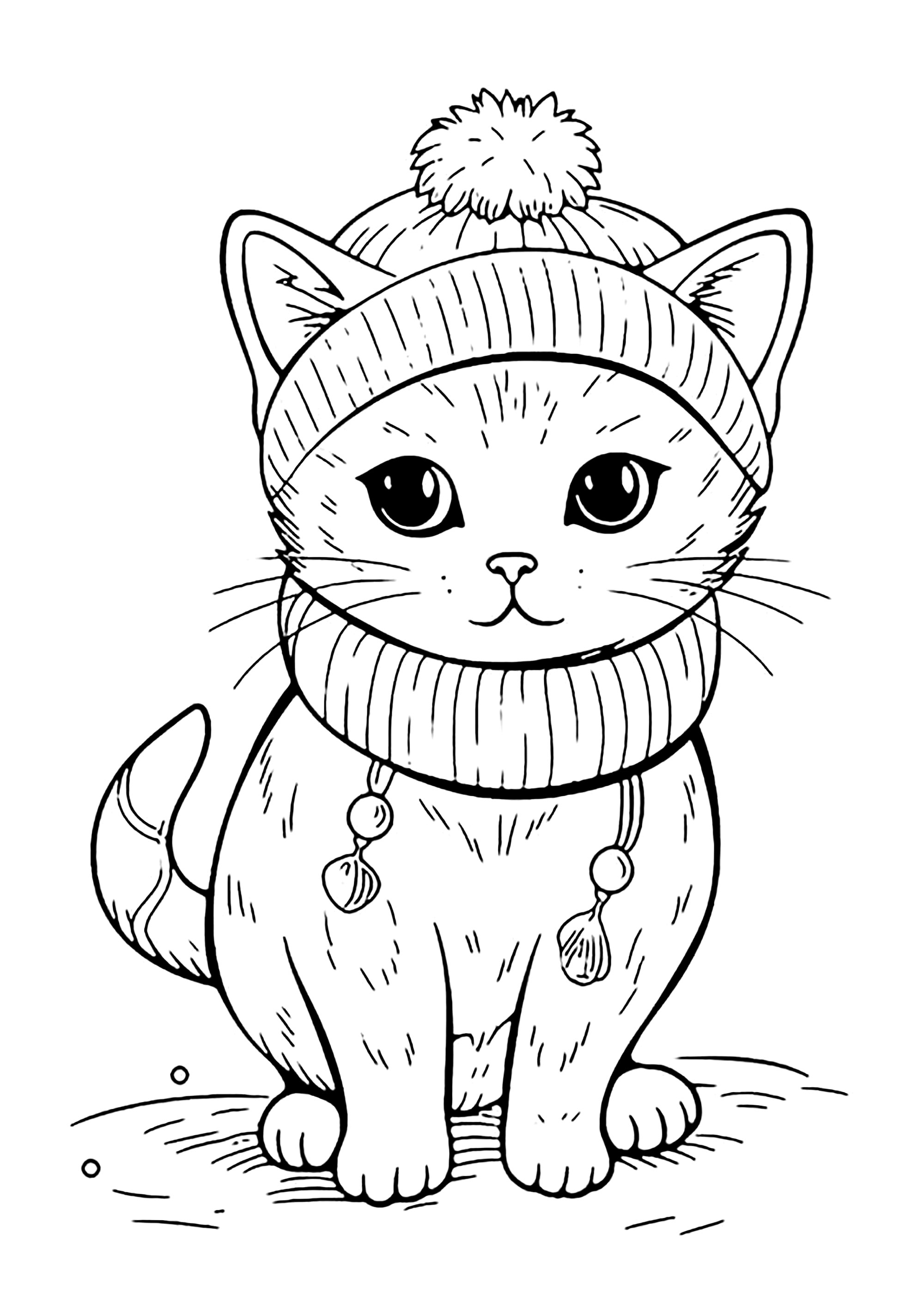 Chat avec un bonnet et une écharpe - Coloriages de Chats à imprimer