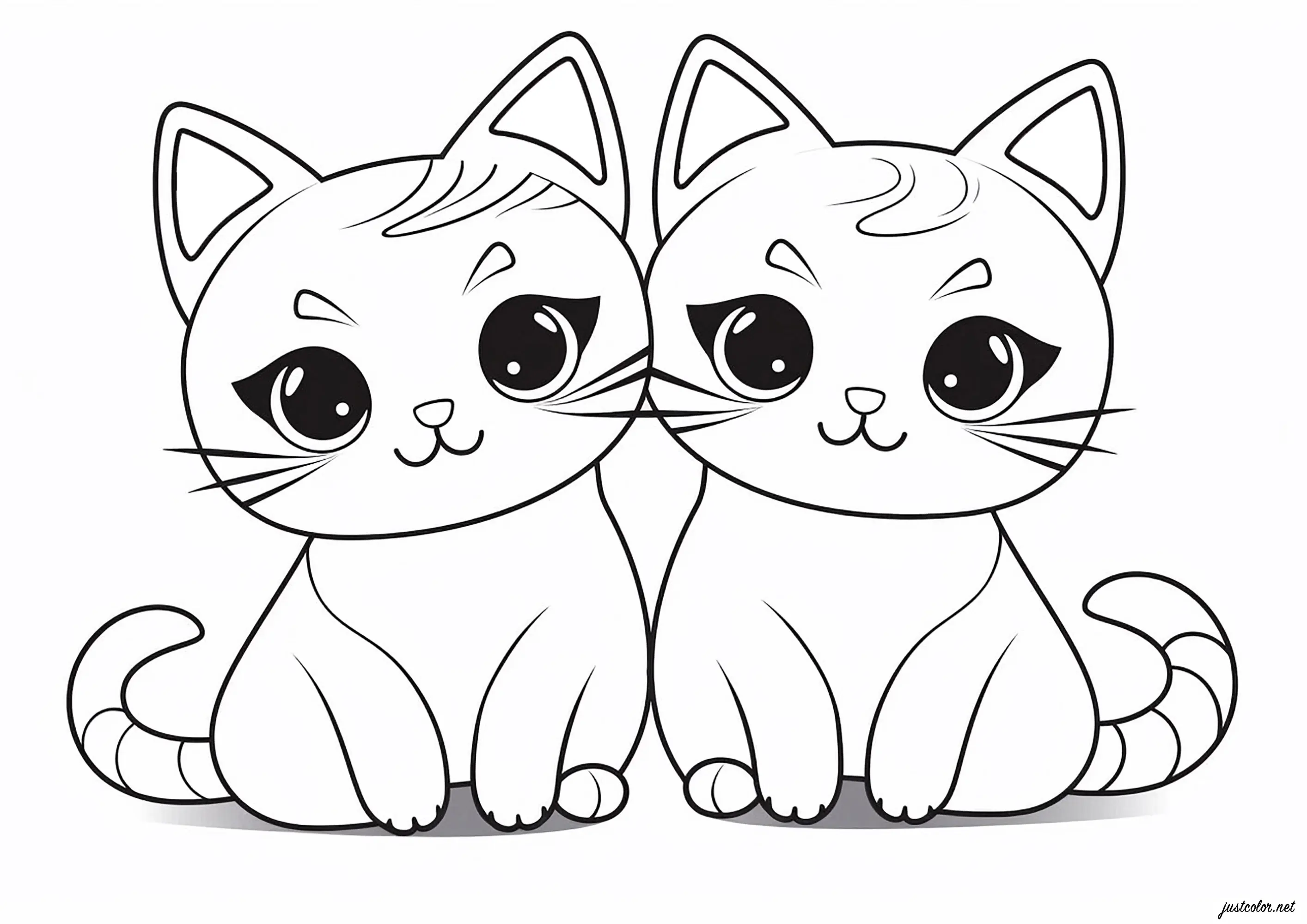 Deux chats dessinés au style Kawaii, très simplement - Coloriages de Chats à imprimer - Page page/