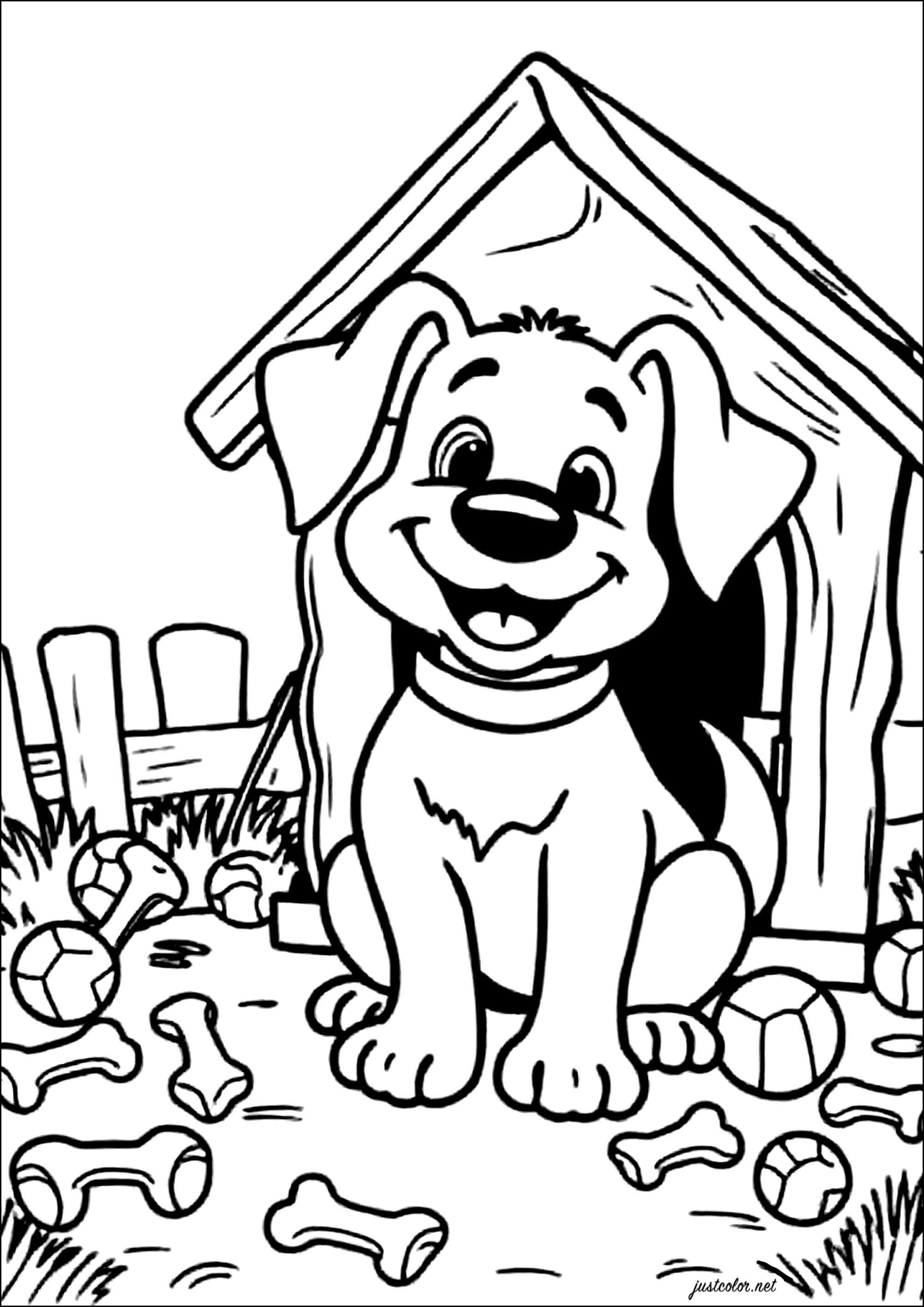 Chien devant sa niche avec des os - Coloriages de Chiens à imprimer