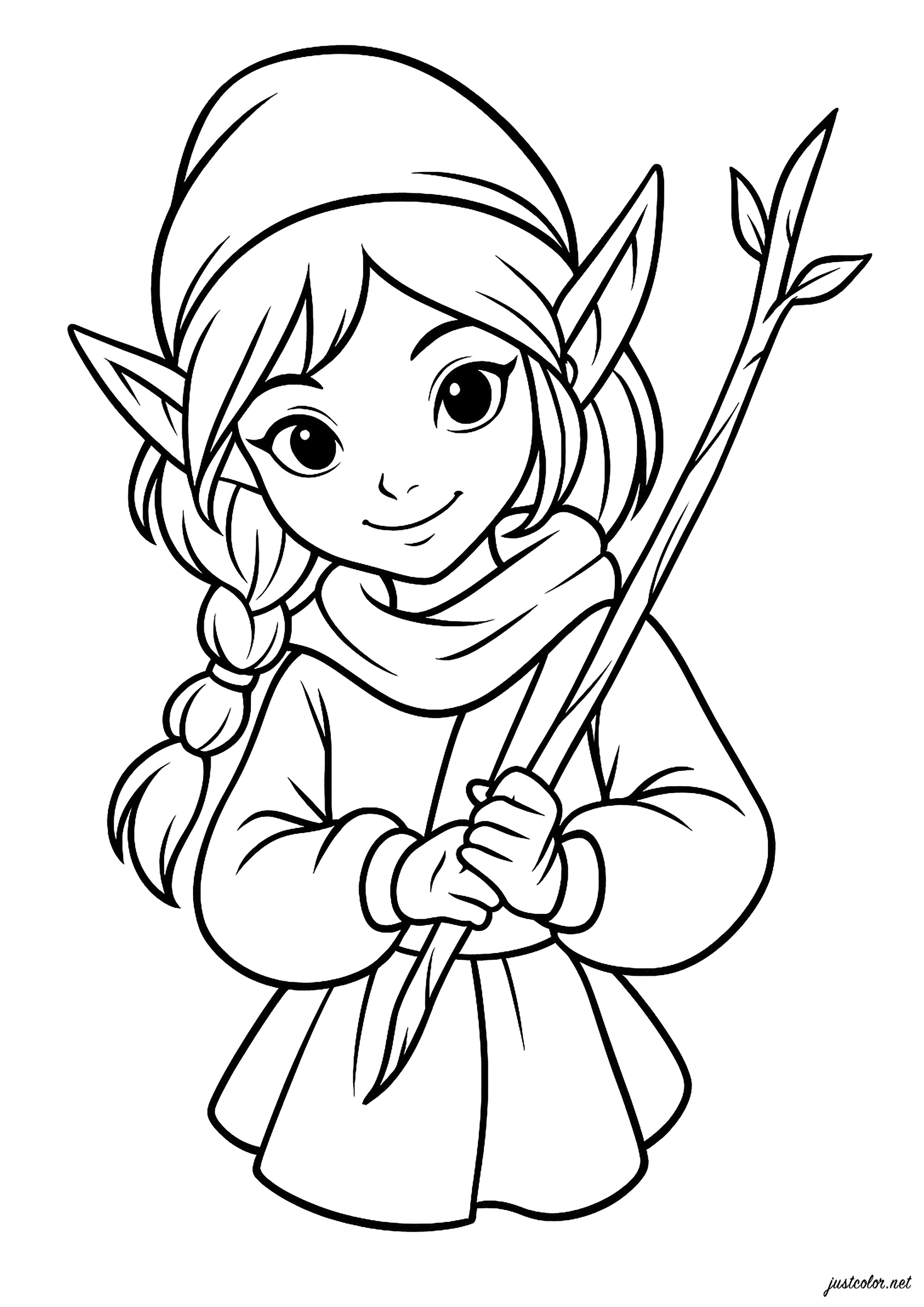 La petite elfe avec son bâton - Coloriages d'Elfe à imprimer