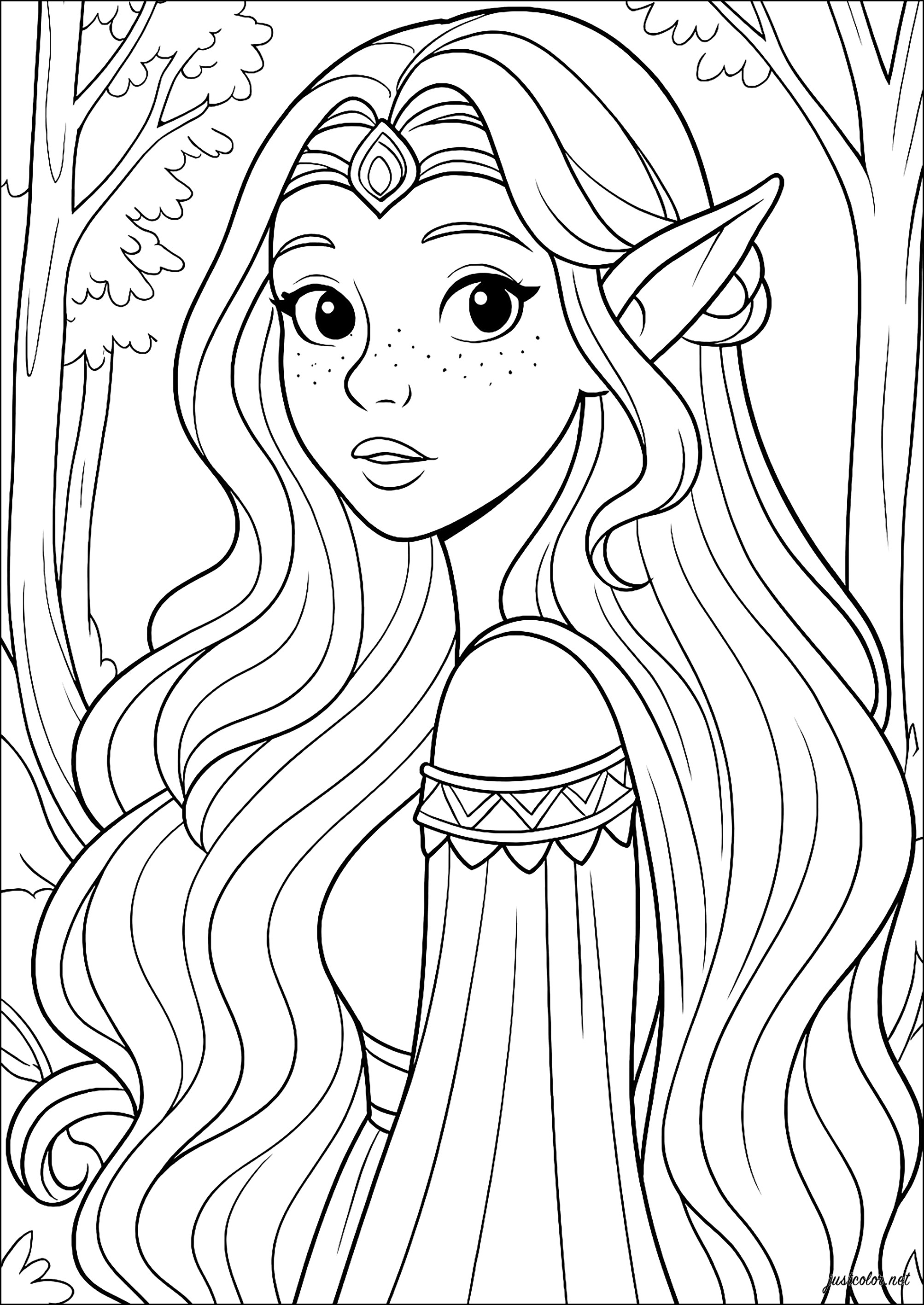Elfe mystérieuse dans la forêt enchantée - Coloriages d'Elfe à imprimer