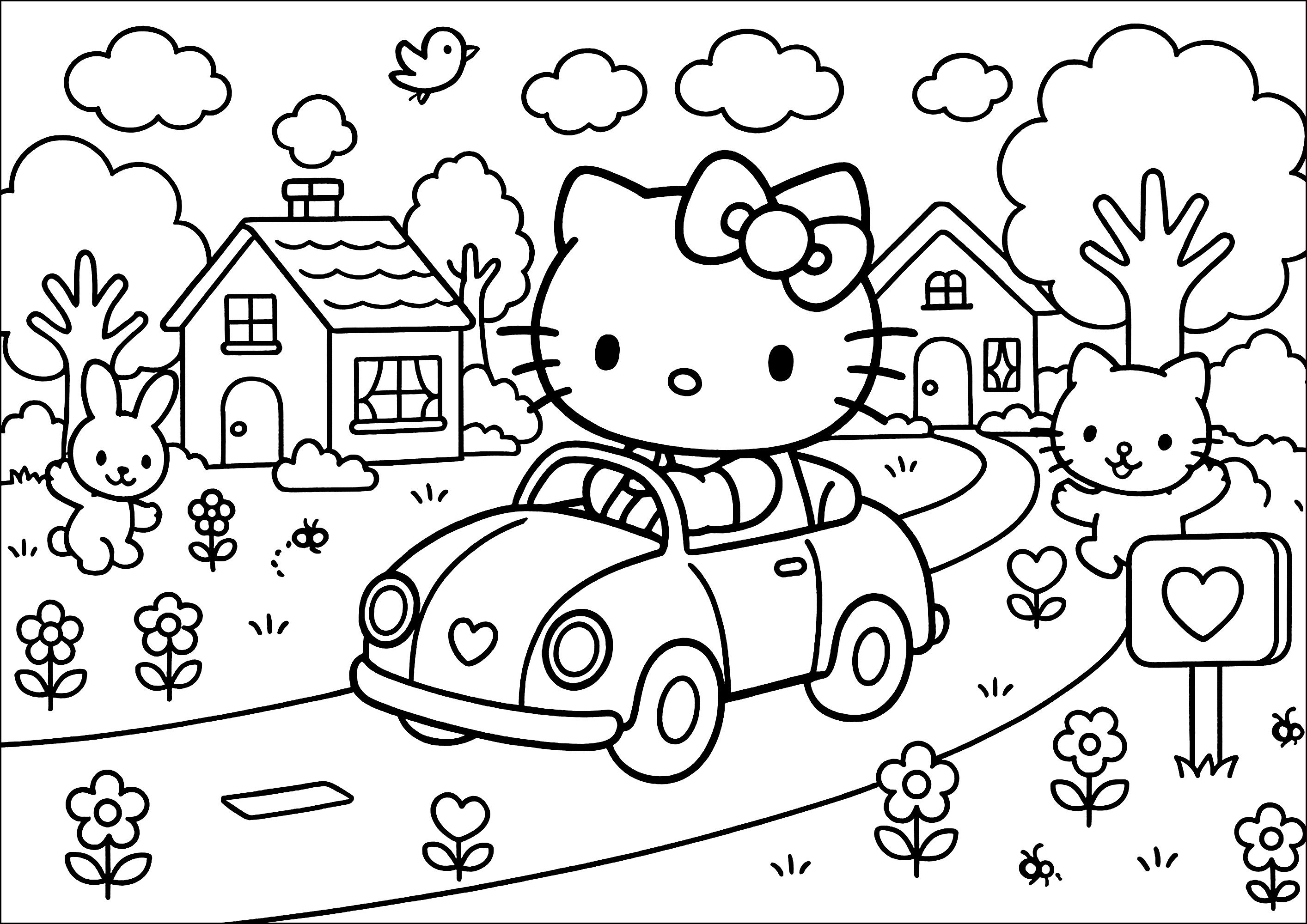 Promenade en voiture - Coloriages d'Hello Kitty à imprimer