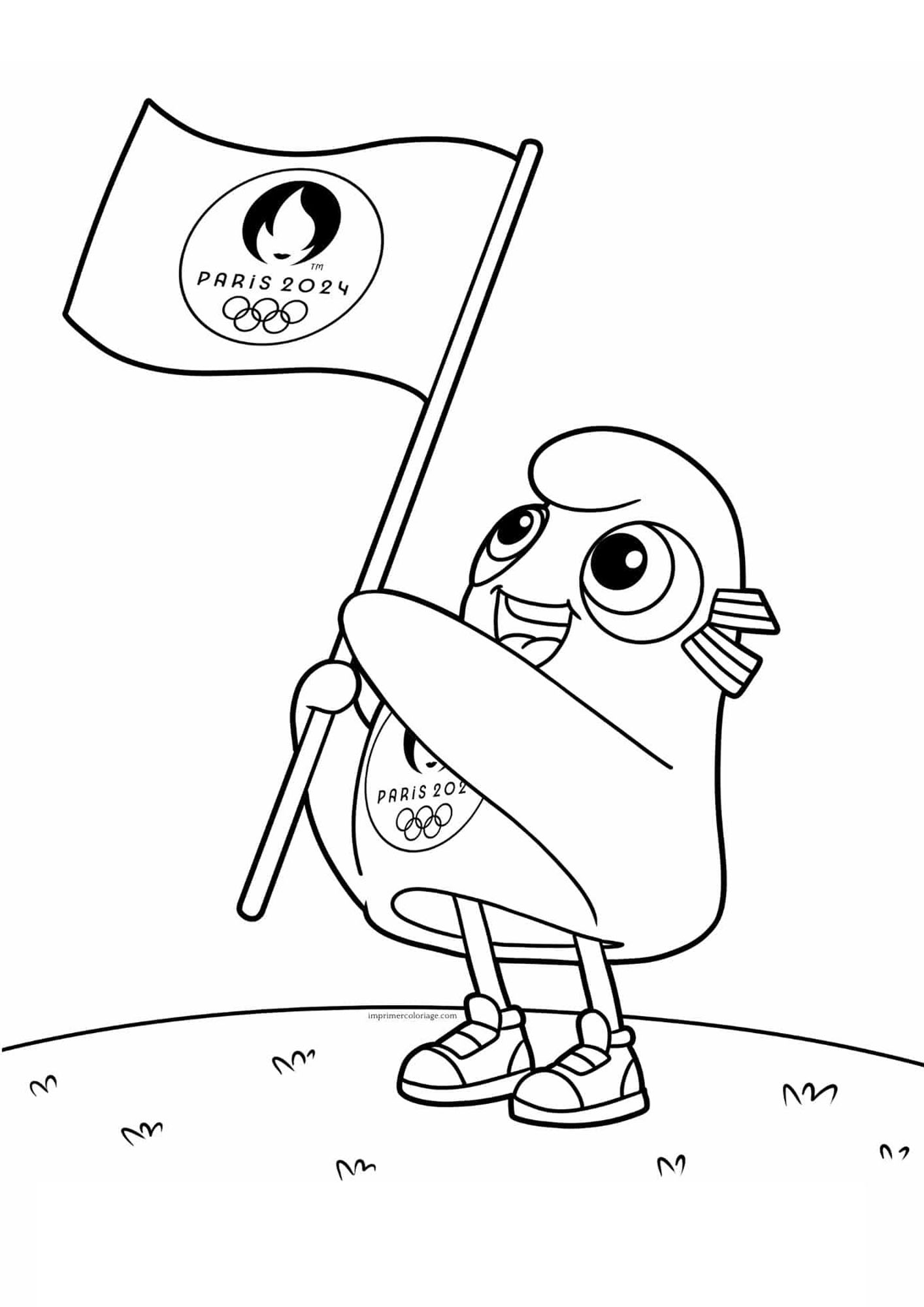 Phyrge (La mascotte des Jeux Olympiques Paris 2024) avec un drapeau ...