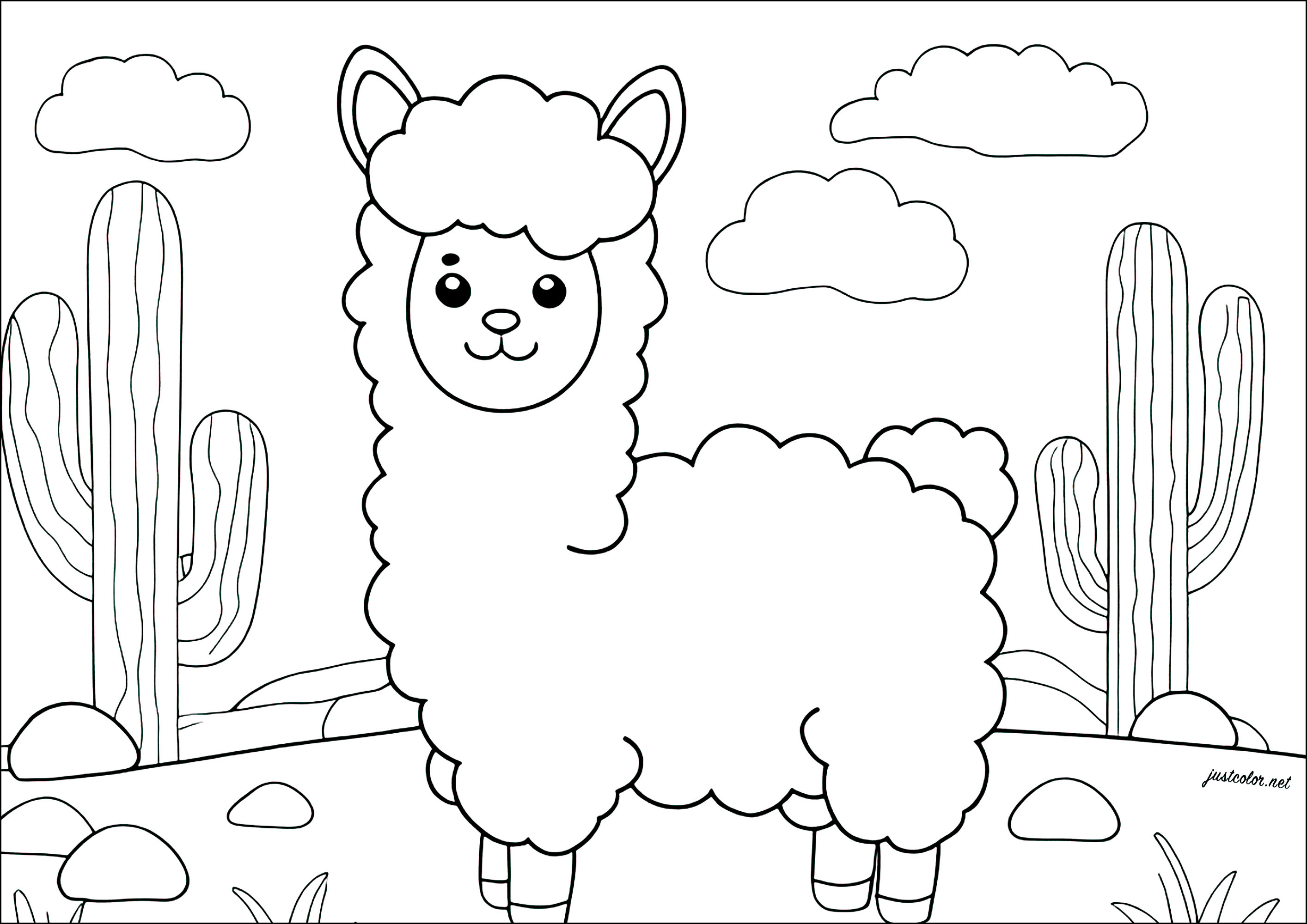 Lama dans le désert - Coloriages de Lamas à imprimer