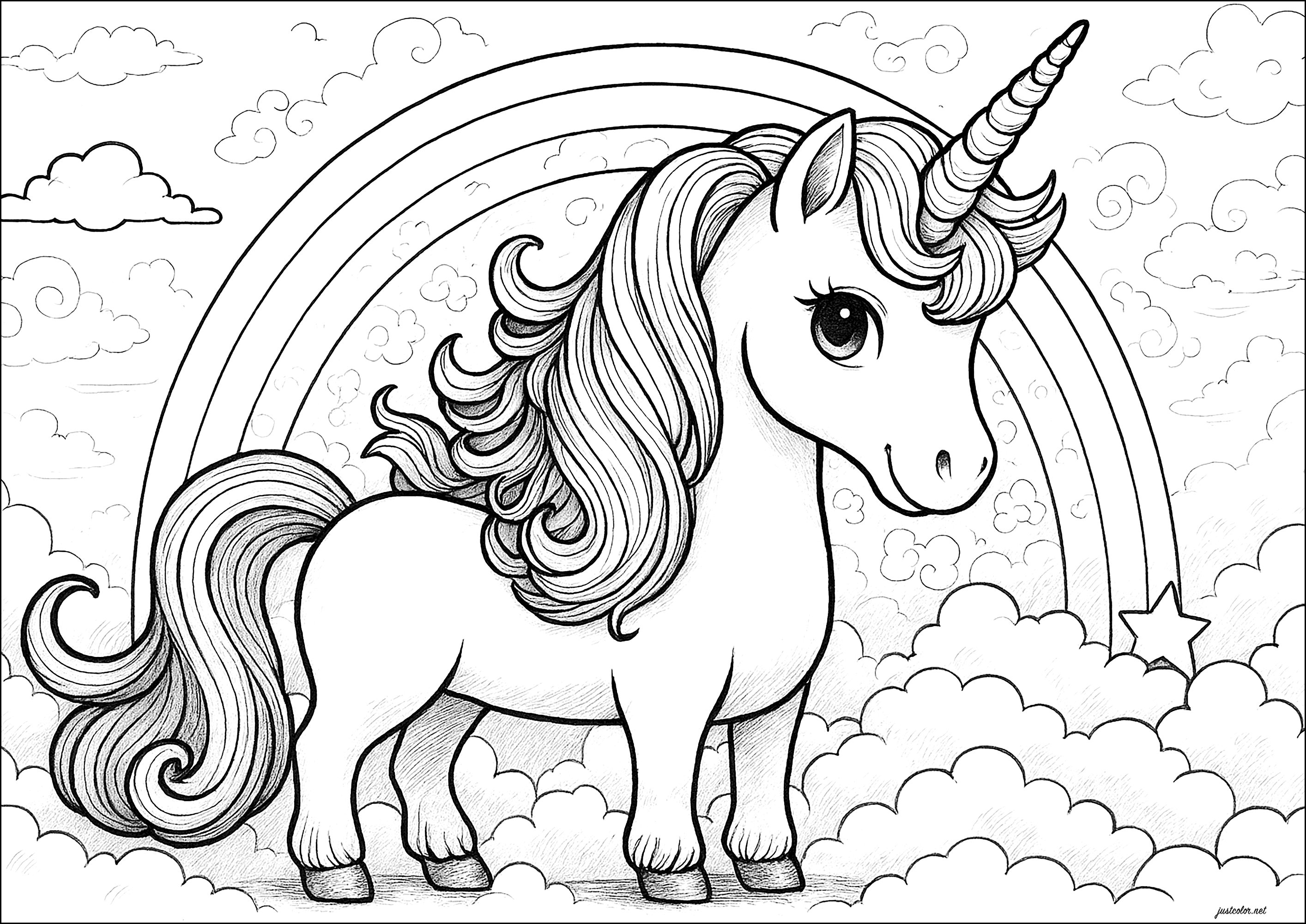 Jolie licorne avec un arc-en-ciel - Coloriages de Licornes à imprimer