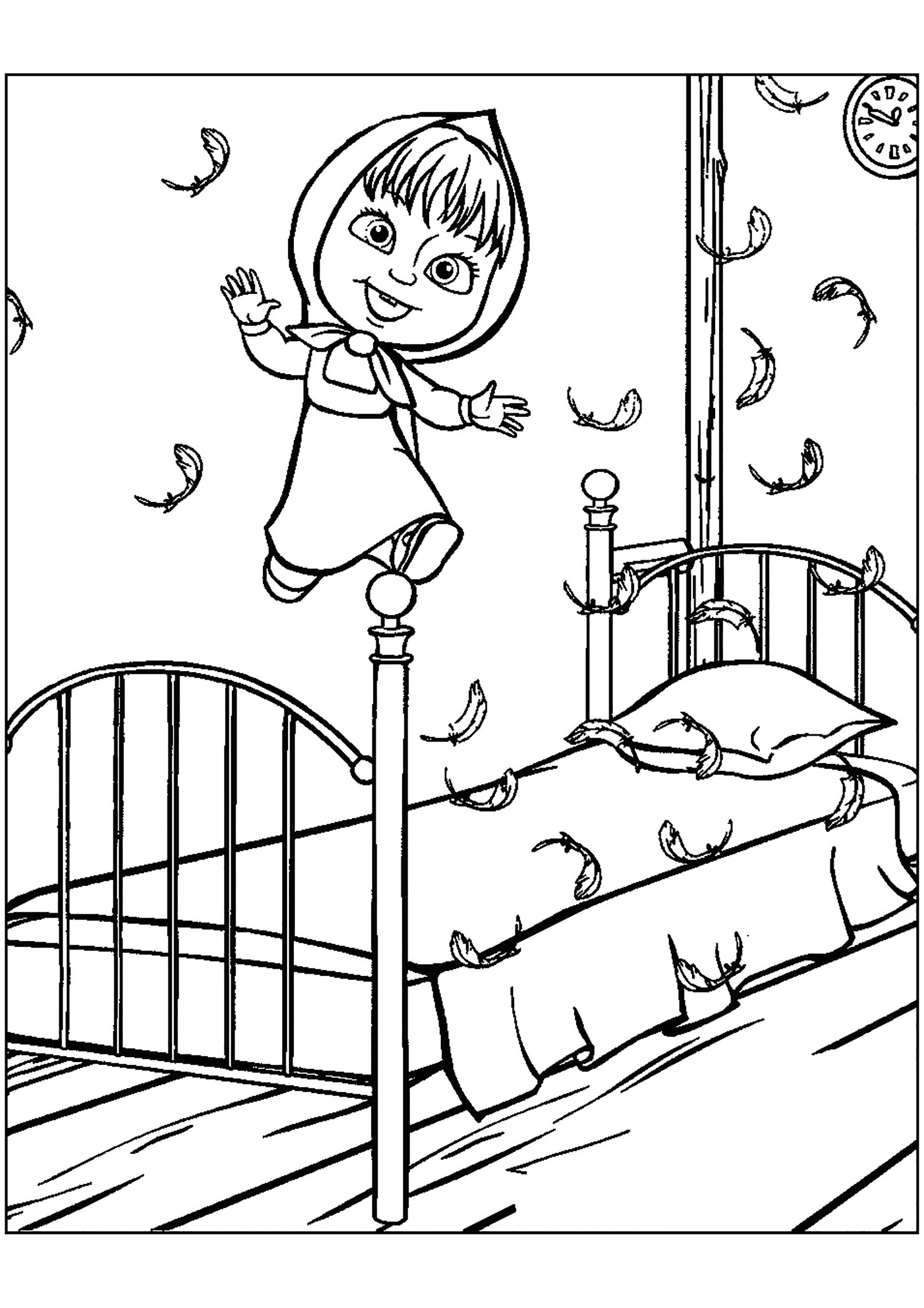 Masha s'amuse dans son lit - Coloriages de Masha et l'ours à imprimer