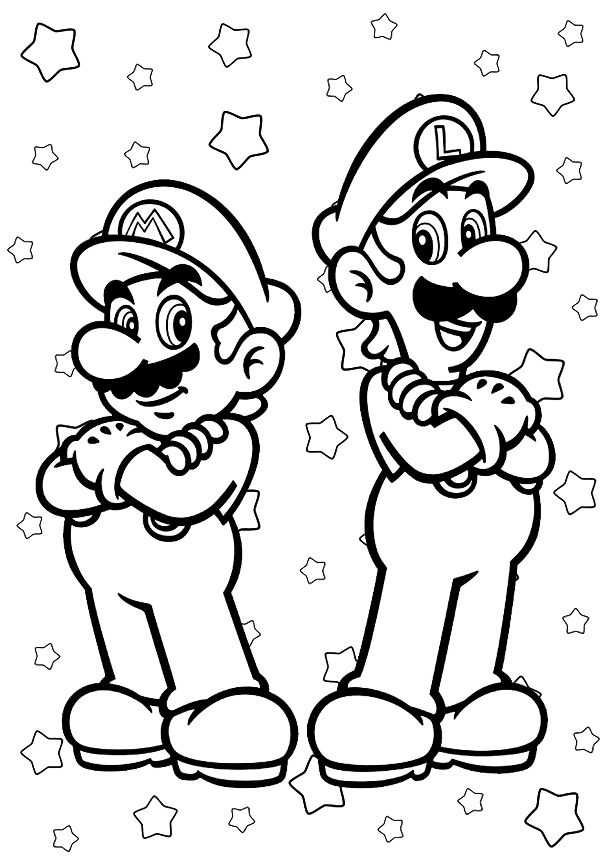 Mario et Luigi sur fond étoilé - Coloriages de Super Mario Bros. à imprimer