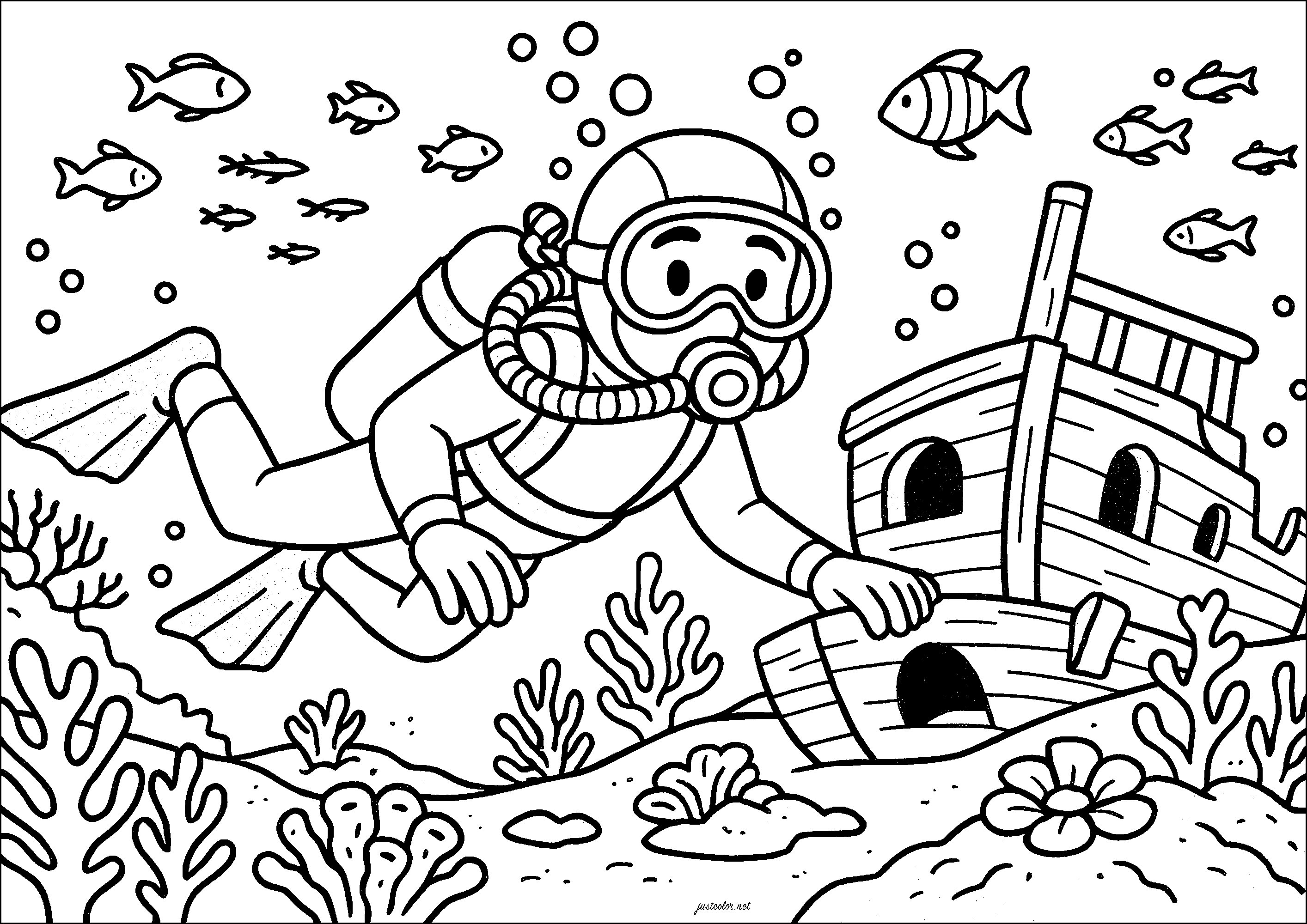 Plongeur sous marin exporant une épave - Coloriages de Métiers à imprimer