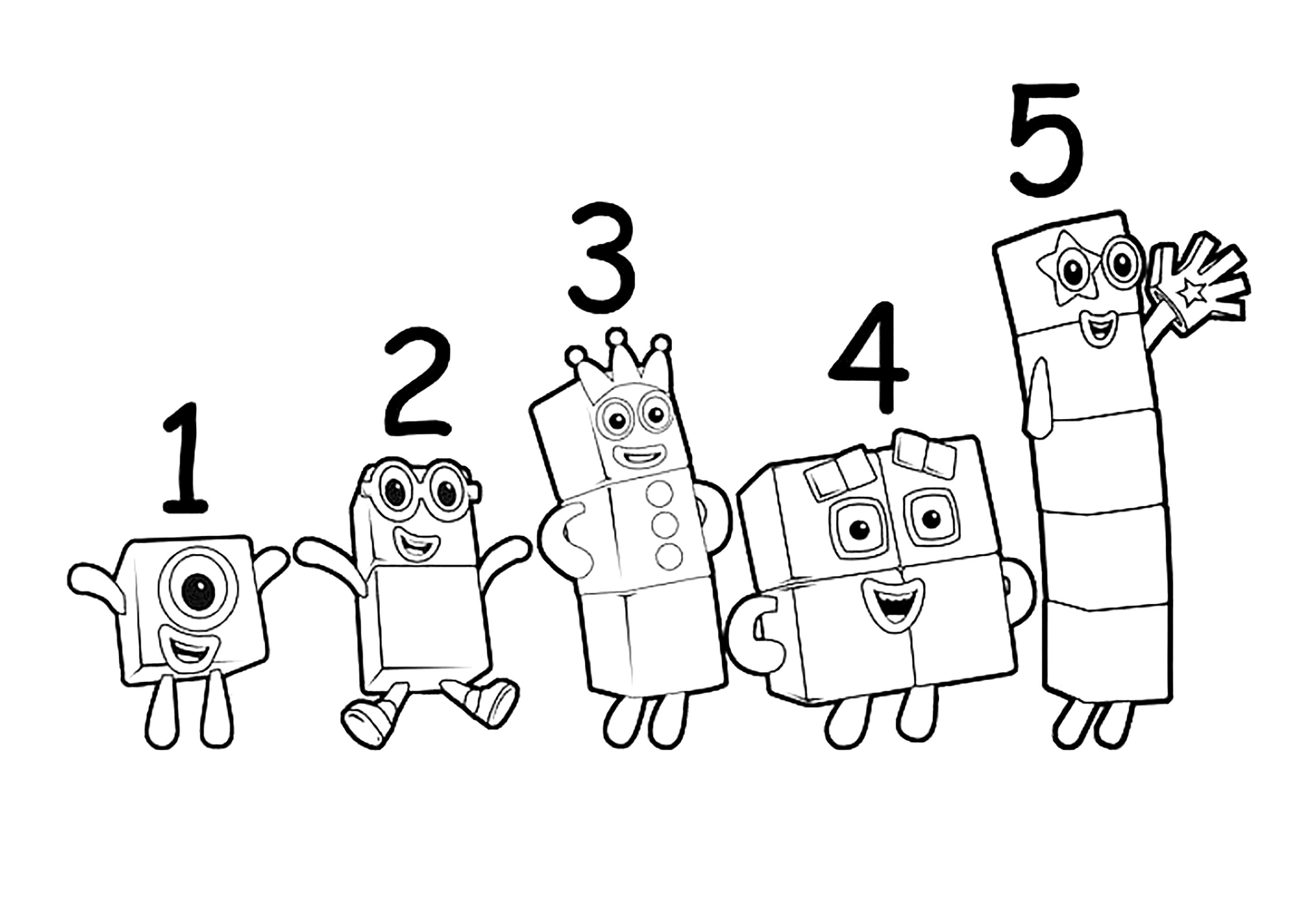 Un à Cinq - Coloriages de Numberblocks à imprimer