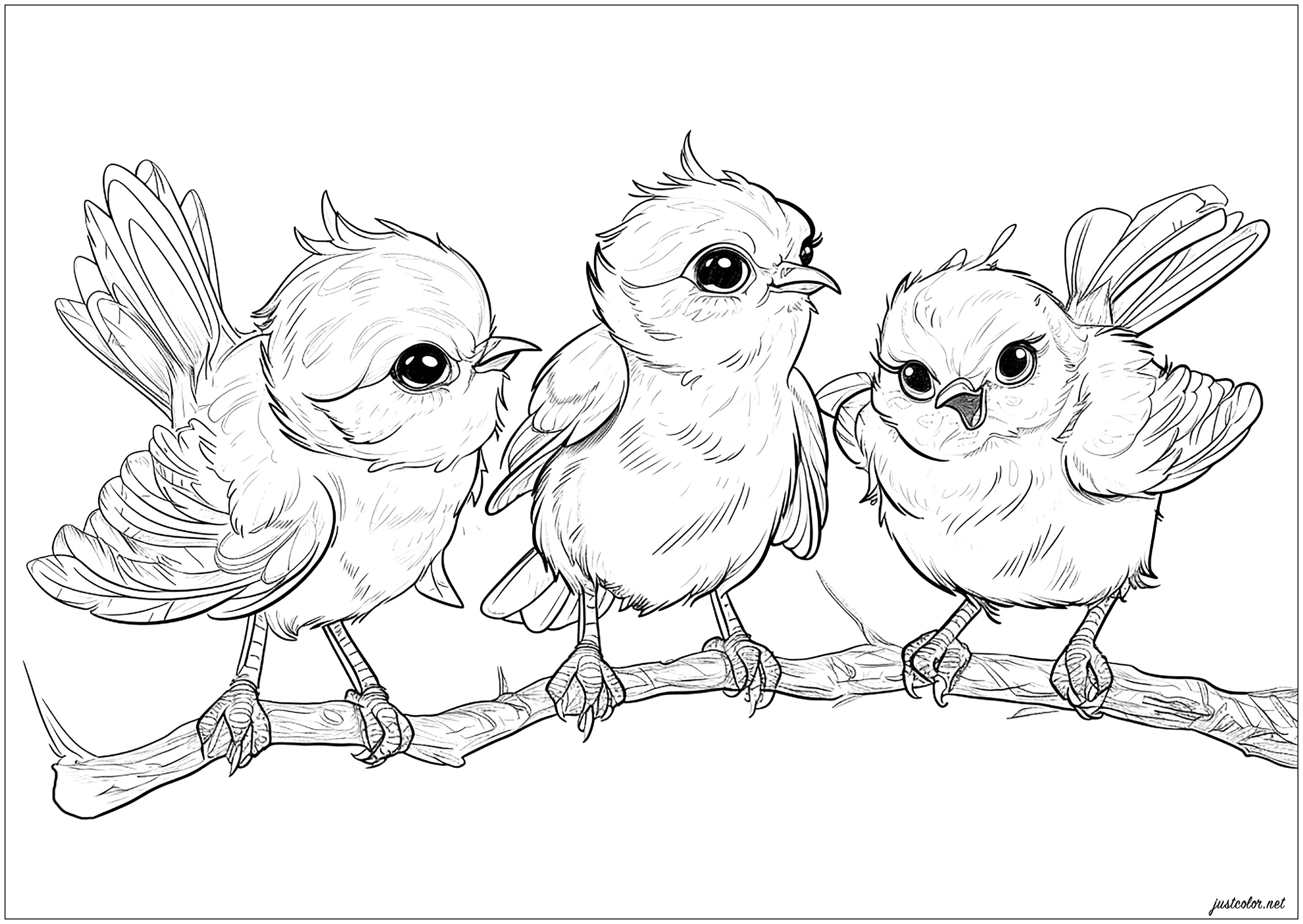 Trois jolis petits oiseaux - Coloriages d'Oiseaux à imprimer