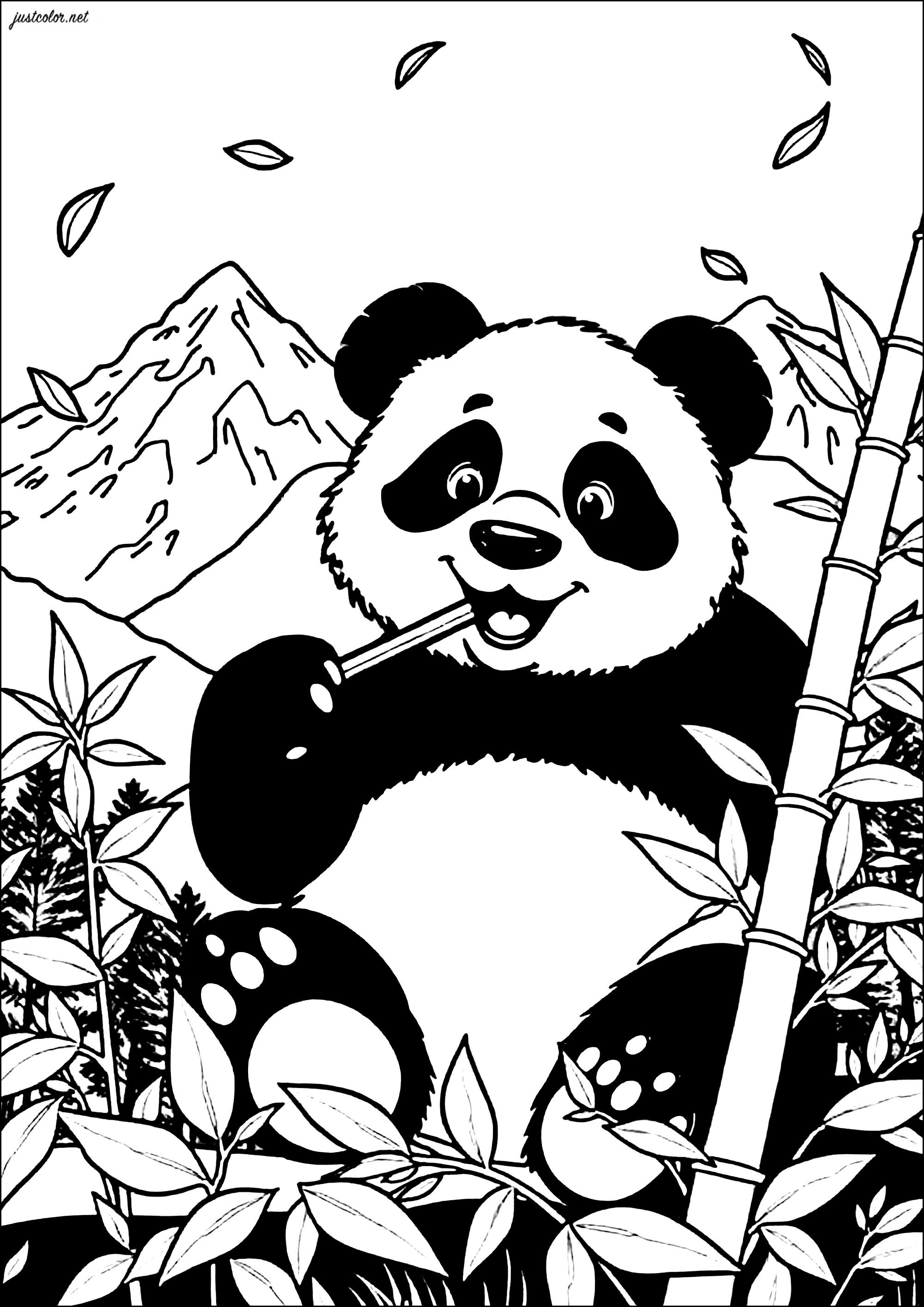 Panda mangeant une branche de bambou - Coloriages de Pandas à imprimer