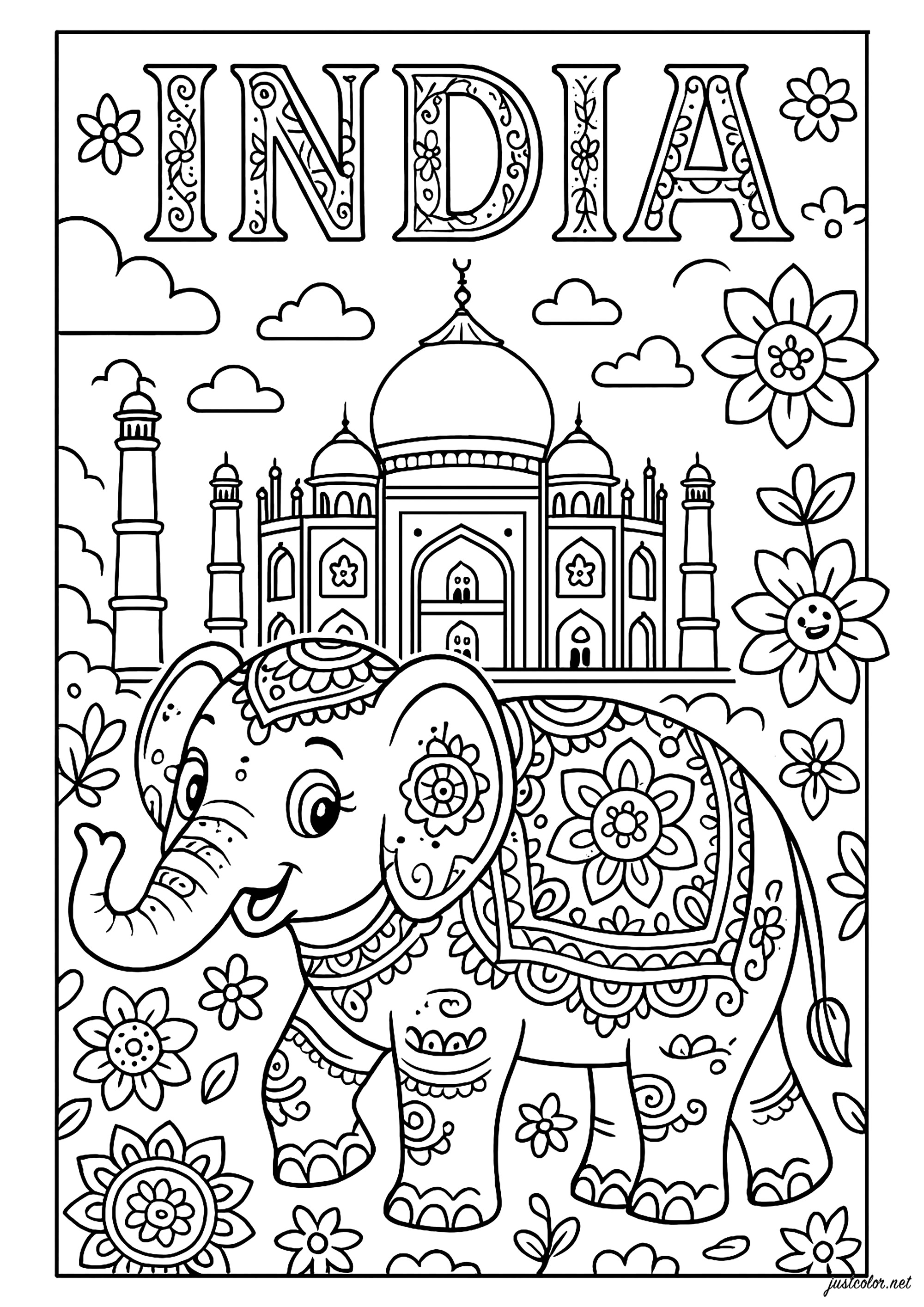 Inde : Éléphant dans les jardins du Taj Mahal - Coloriages de Pays à ...