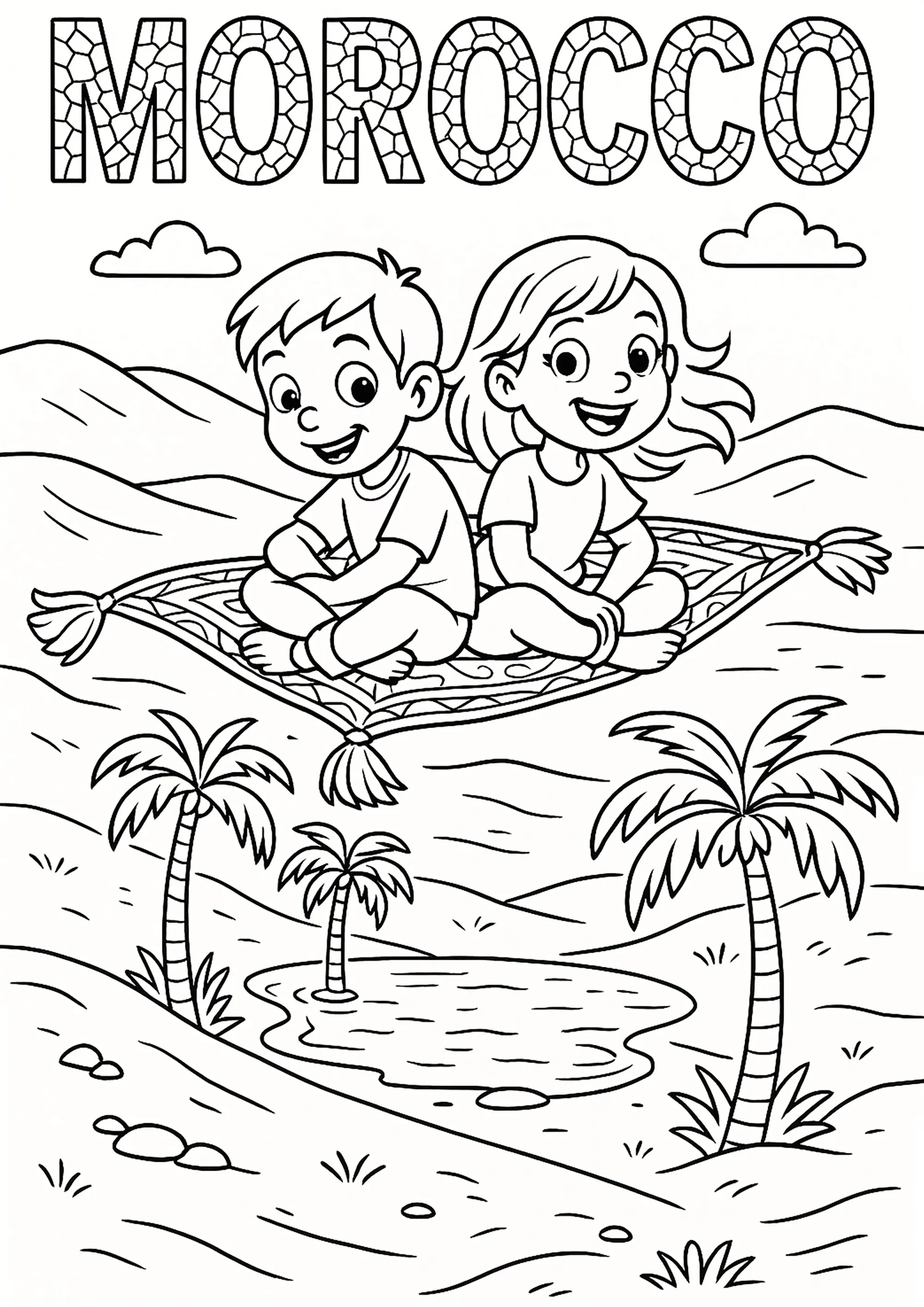 Maroc : Deux enfants sur un tapis volant - Coloriages de Pays à imprimer pour enfants
