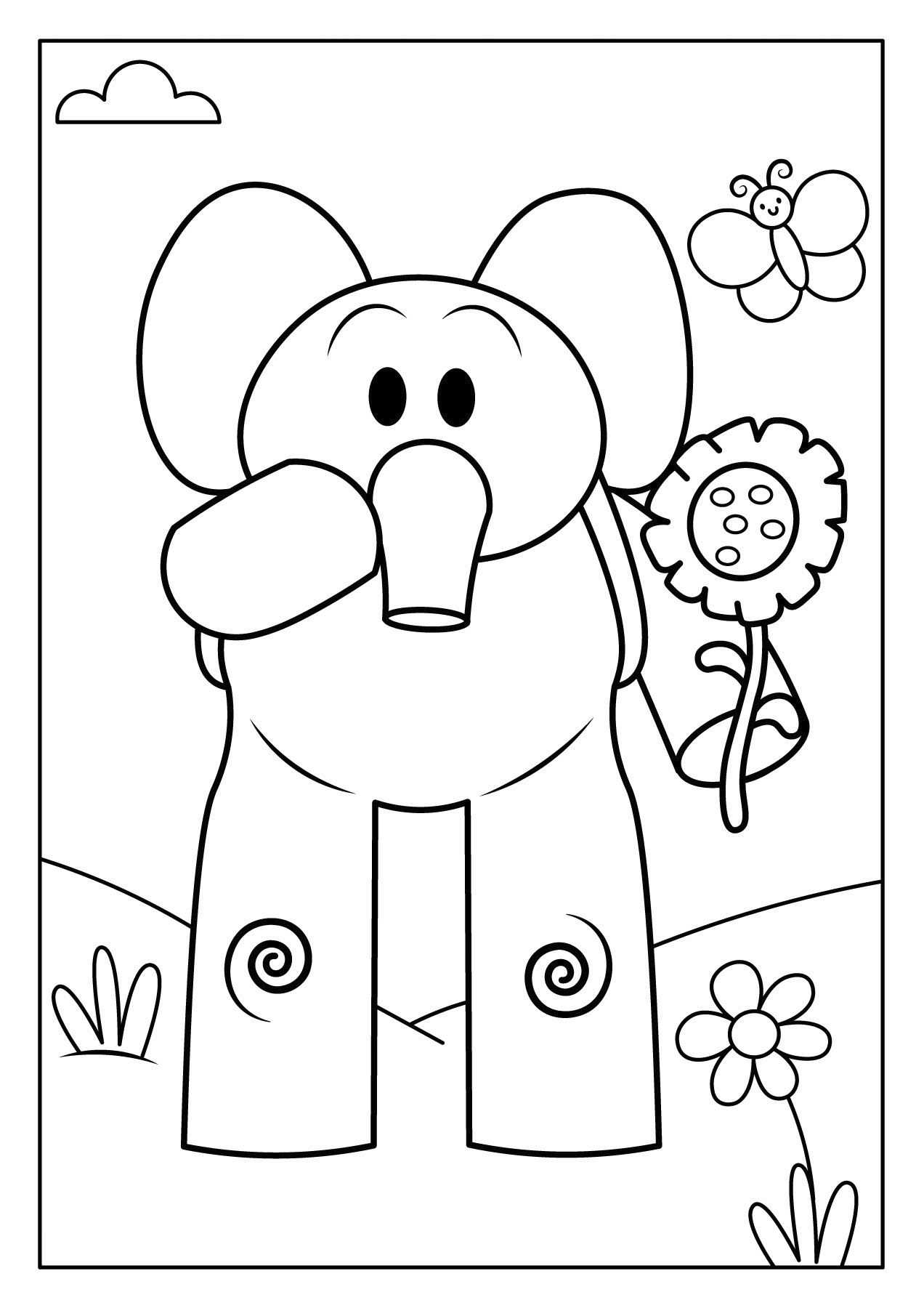Elly l'éléphant avec une belle fleur - Coloriages de Pocoyo à imprimer