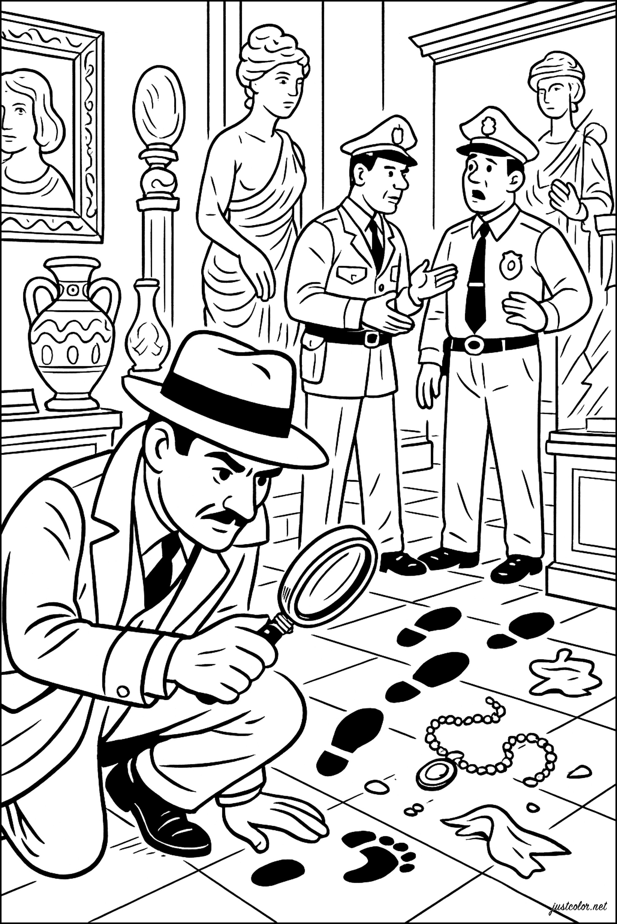 Enquête du détective au musée - Coloriages de Police à imprimer
