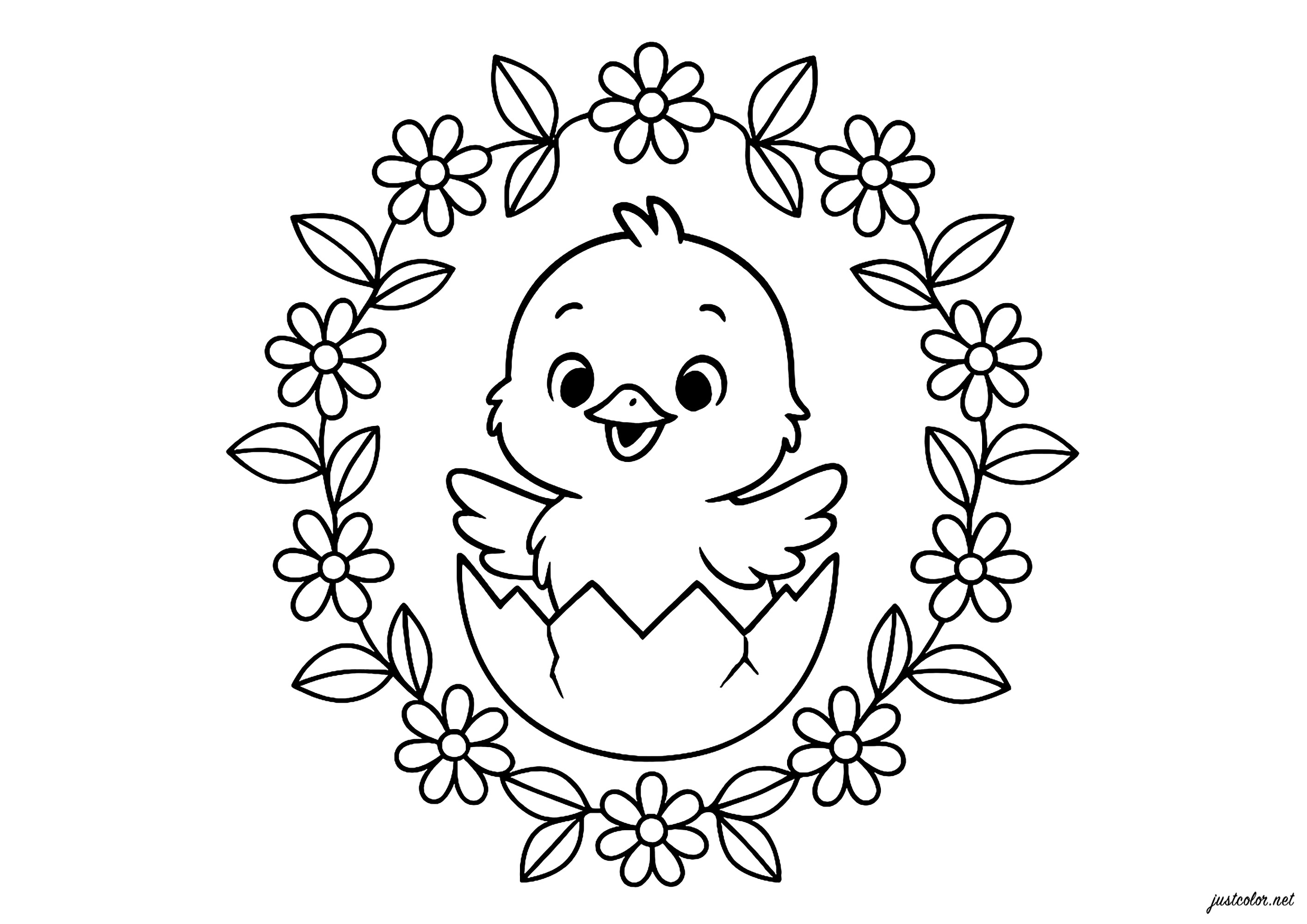Poussin joyeux sous les fleurs - Coloriages de Poussin à imprimer