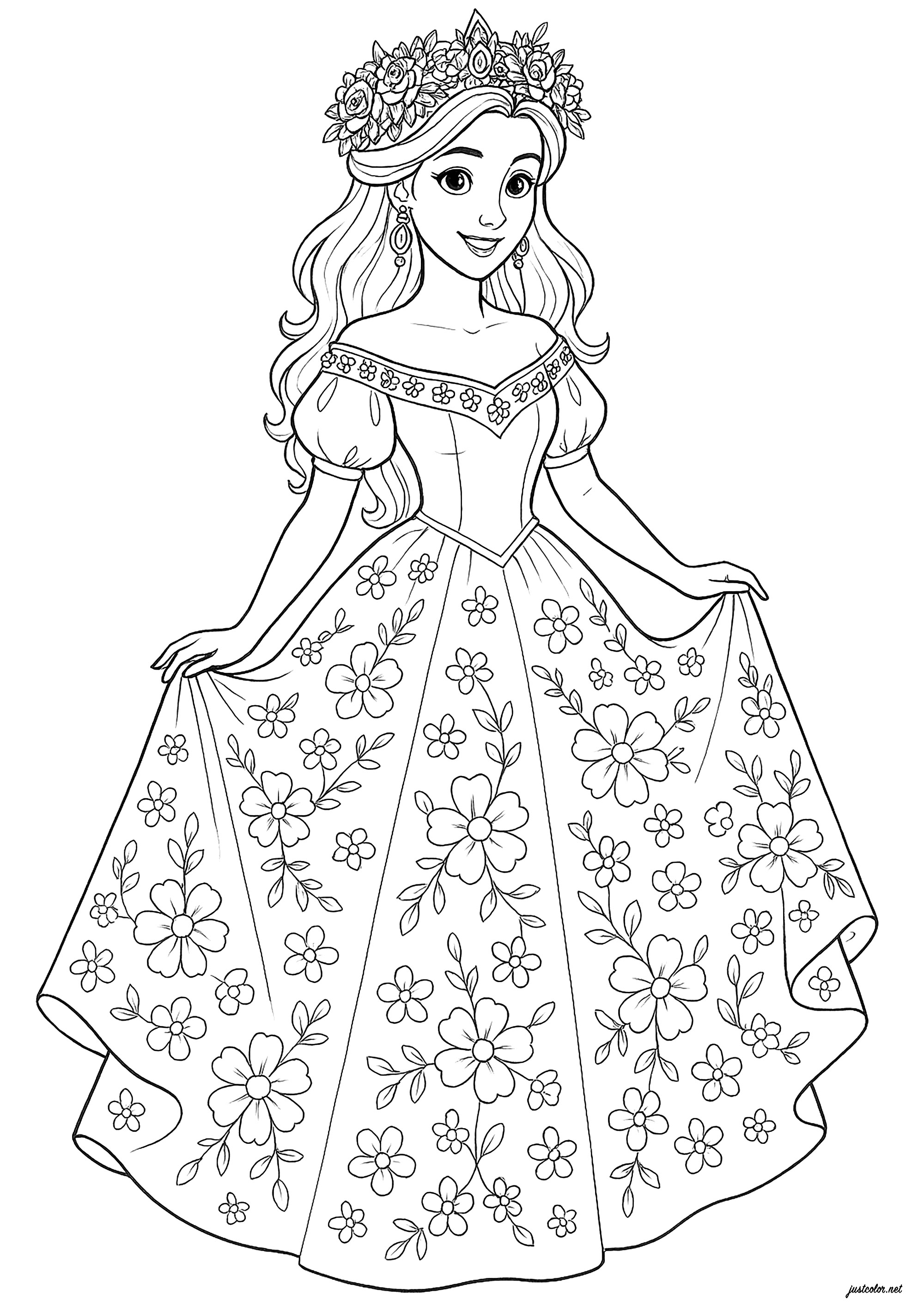 Une jolie robe fleurie à colorier - Coloriages de Princesses à imprimer