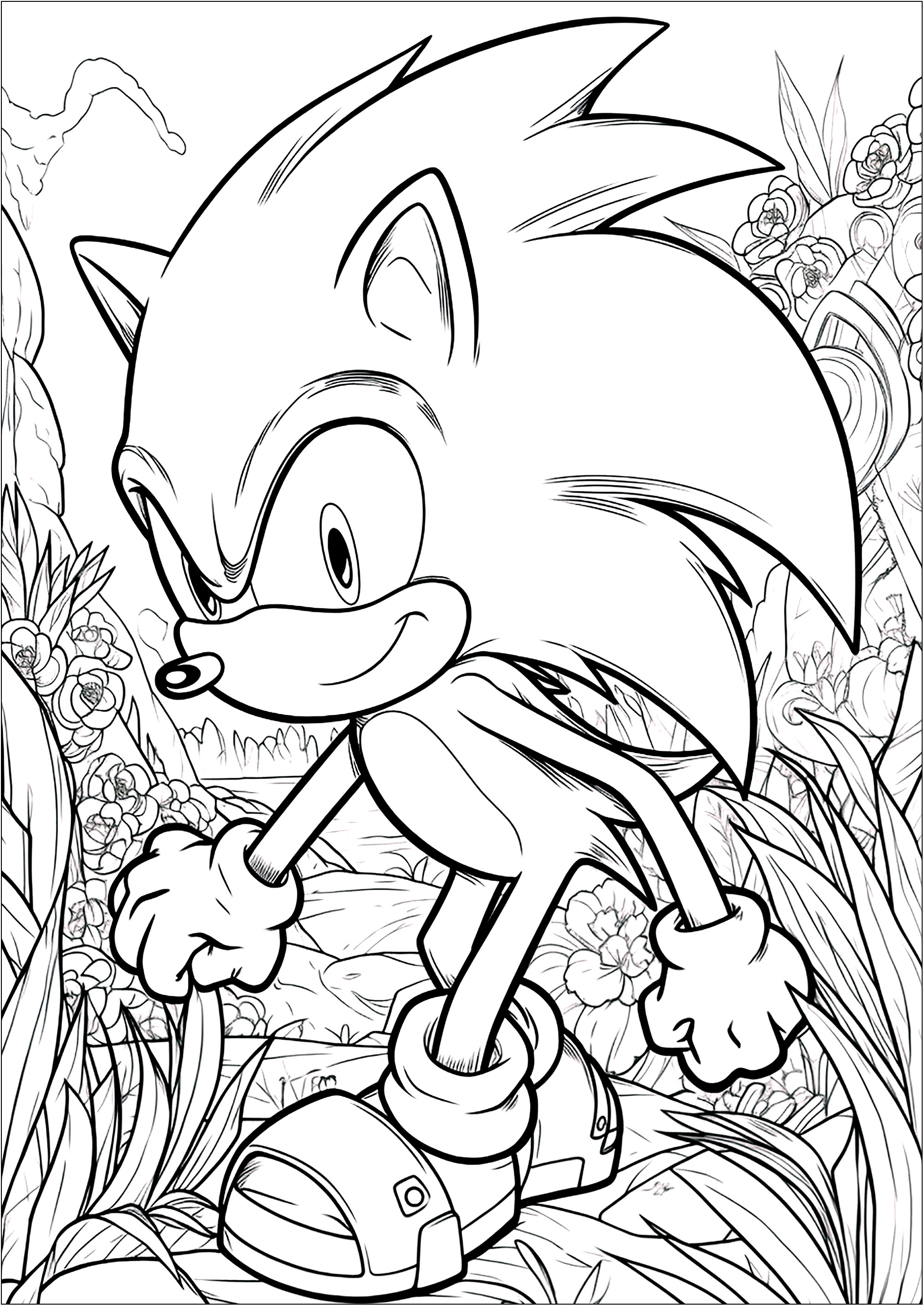 Coloriage de Sonic avec fond fleuri - Coloriages de Sonic à imprimer