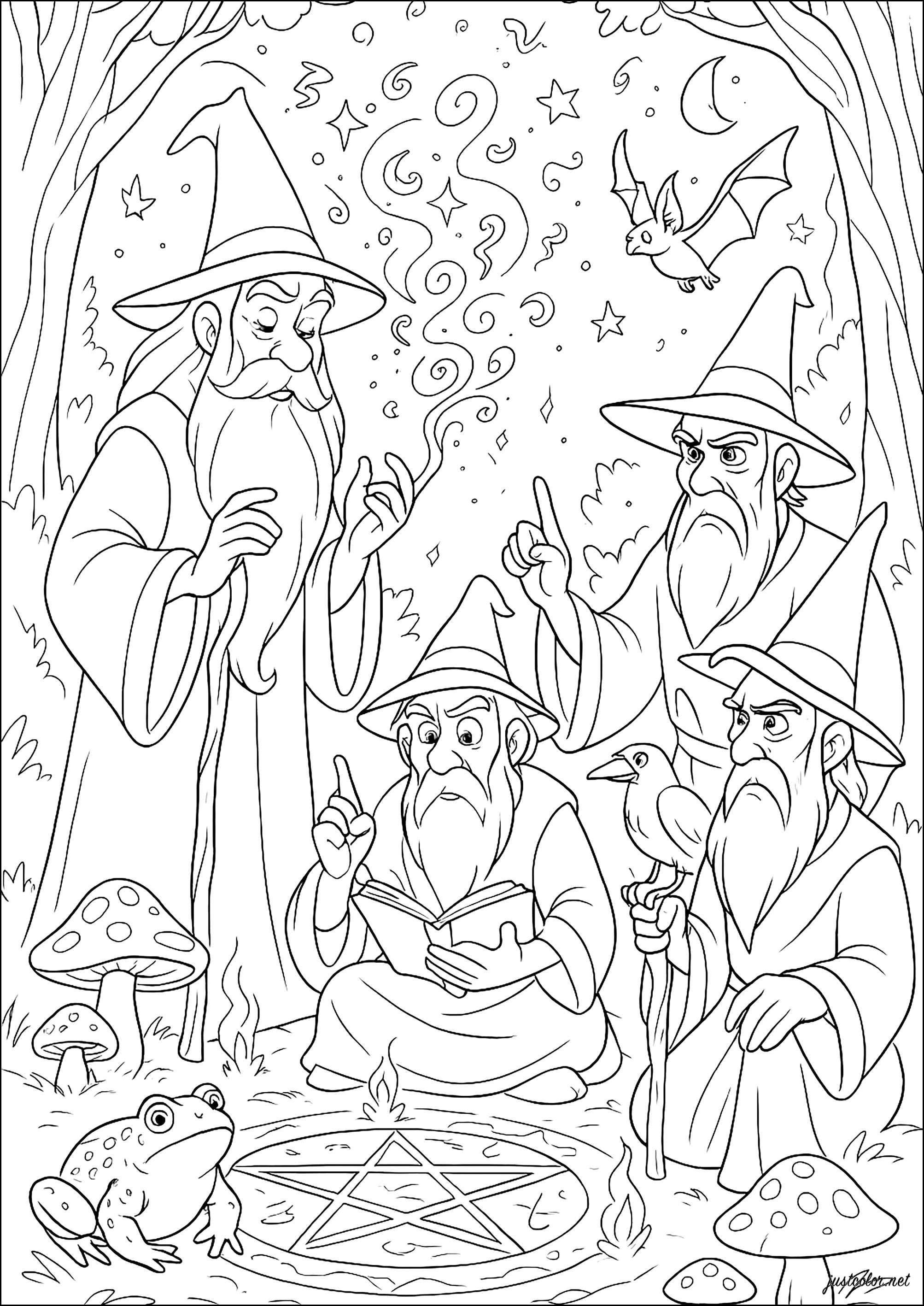 Rituels magiques sous les étoiles - Coloriages de Sorciers à imprimer
