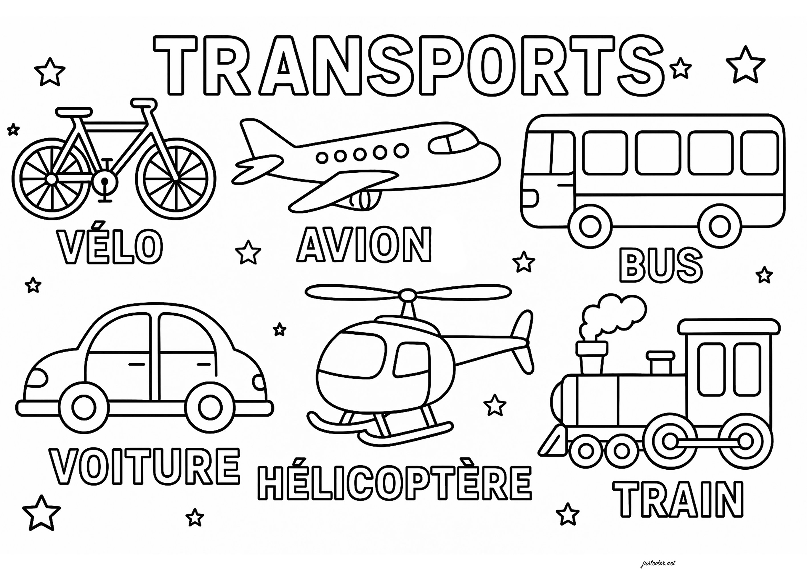 6 moyens de transport (textes en français) - Coloriages de Transports à ...