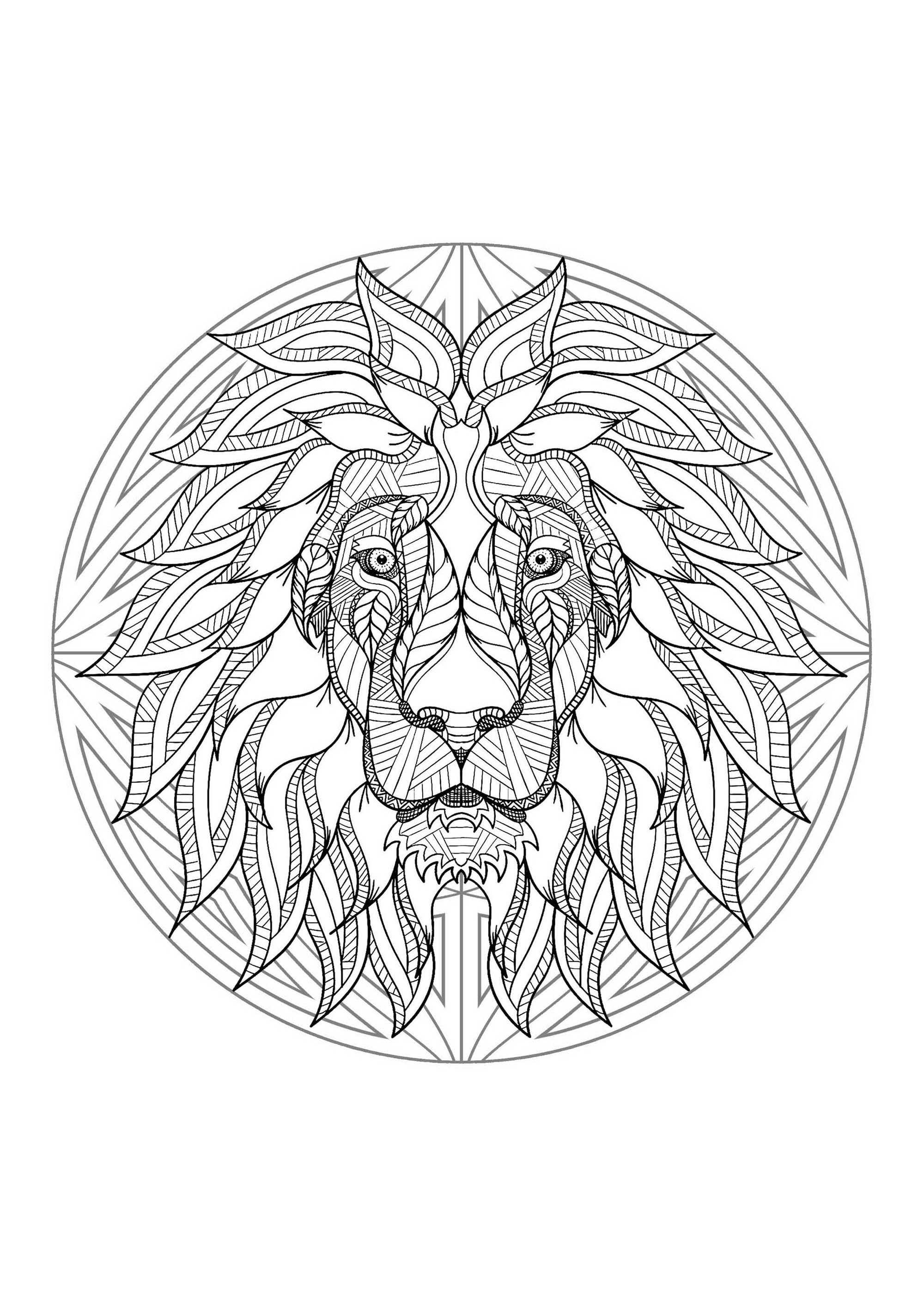 Mandala y cabeza de león - Páginas de Mandalas para imprimir