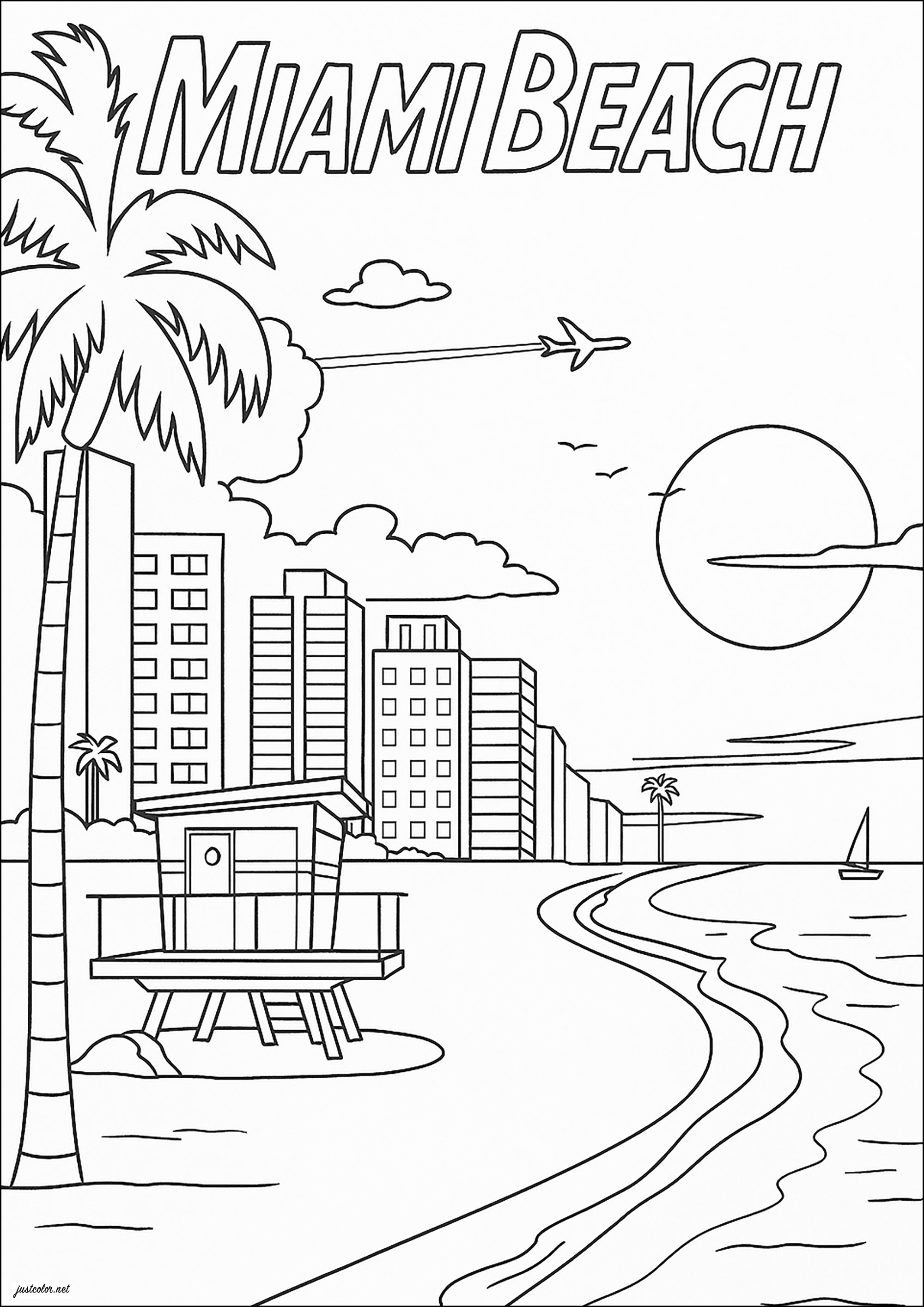 Miam Beach : ses buldings, ses palmiers et sa plage - Coloriages de ...