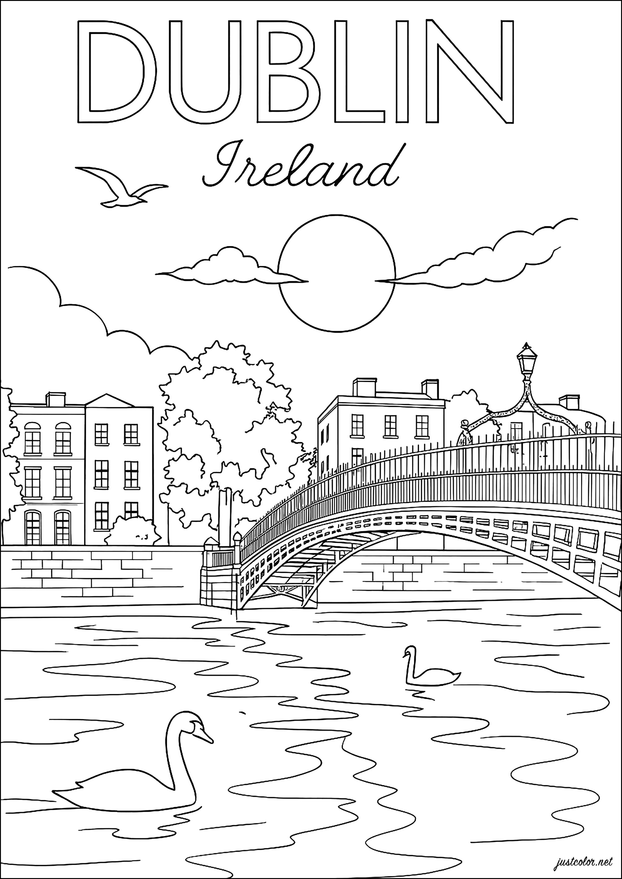 Dublin, en Irlande et le "Ha’Penny Bridge" - Coloriages de Pays, villes ...