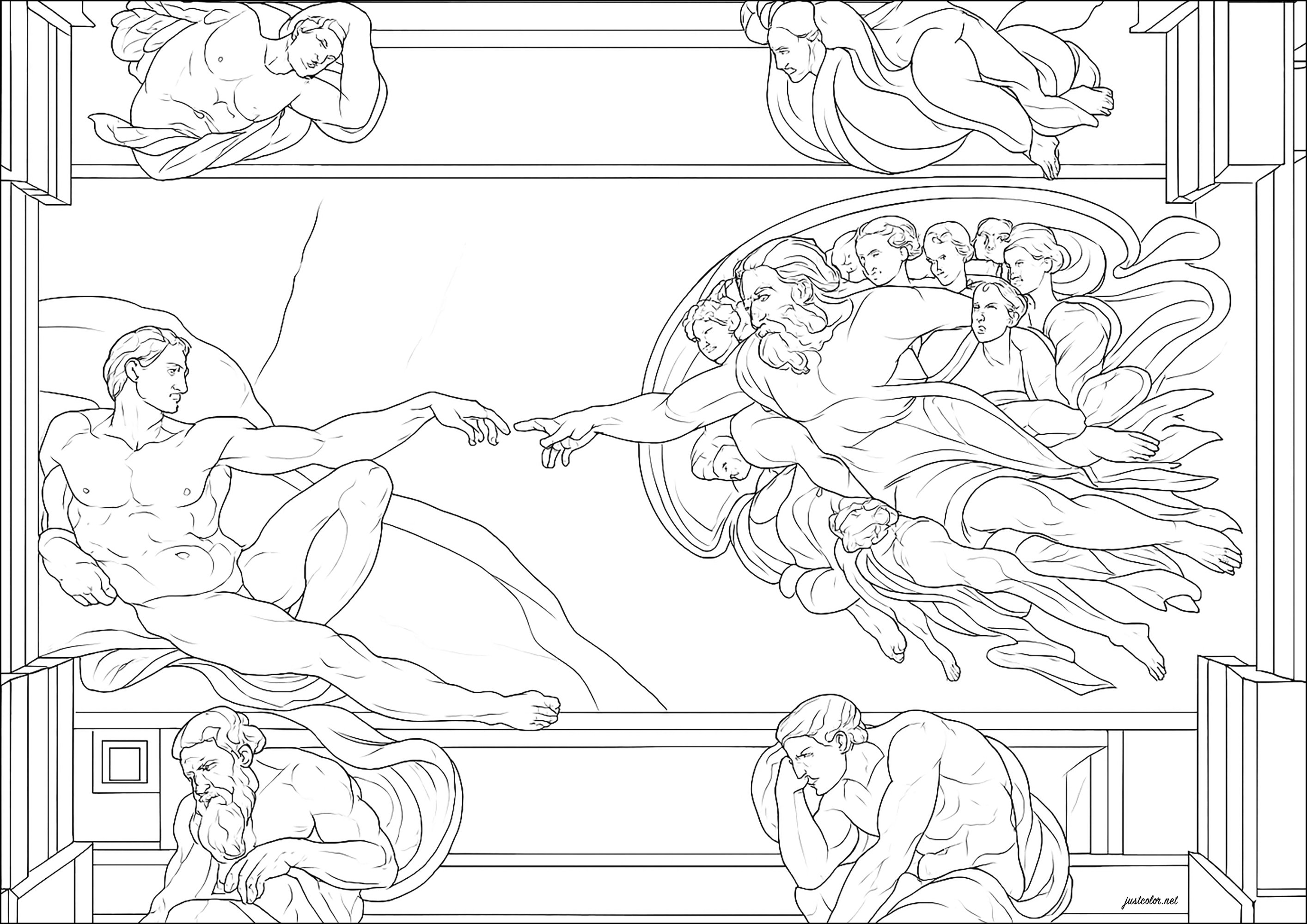 La Création d’Adam, de Michel-Ange, peinte au plafond de la chapelle Sixtine au Vatican, vers ...